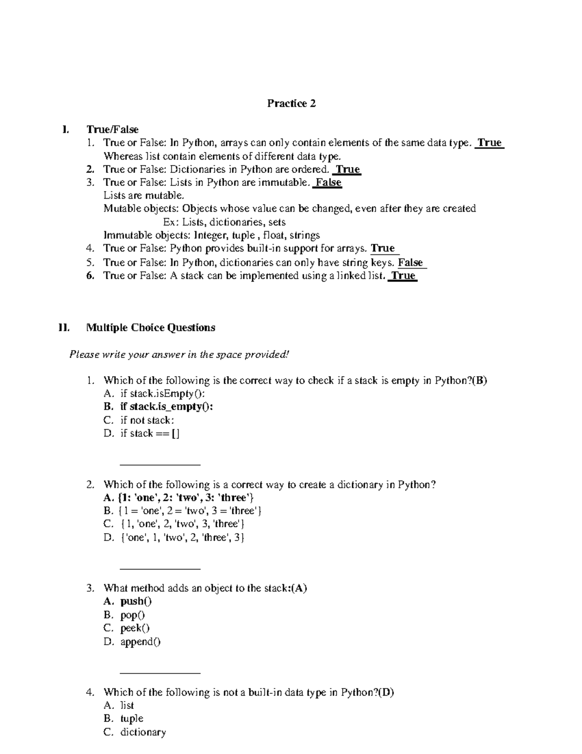 DASC 5300 practice 2 FALL 2023 - Practice 2 I. True/False True or False ...