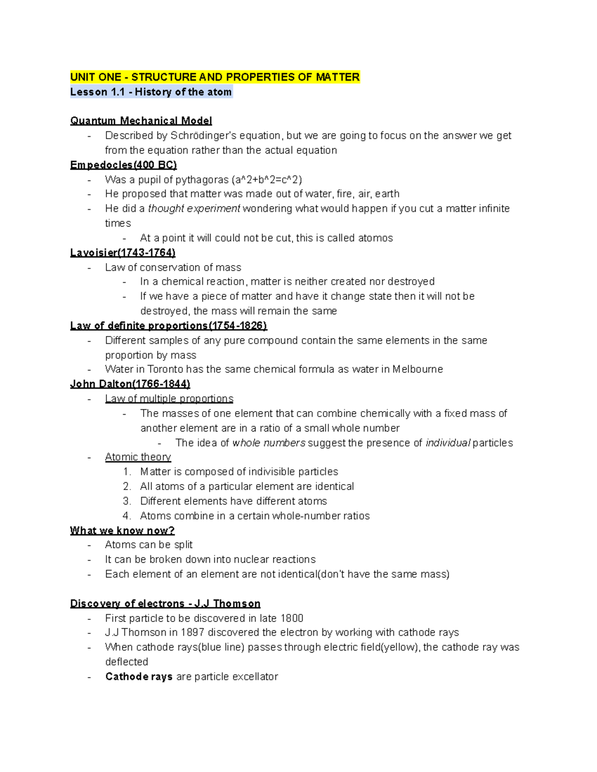 Unit One - Structure and Properties of Matter - UNIT ONE - STRUCTURE ...