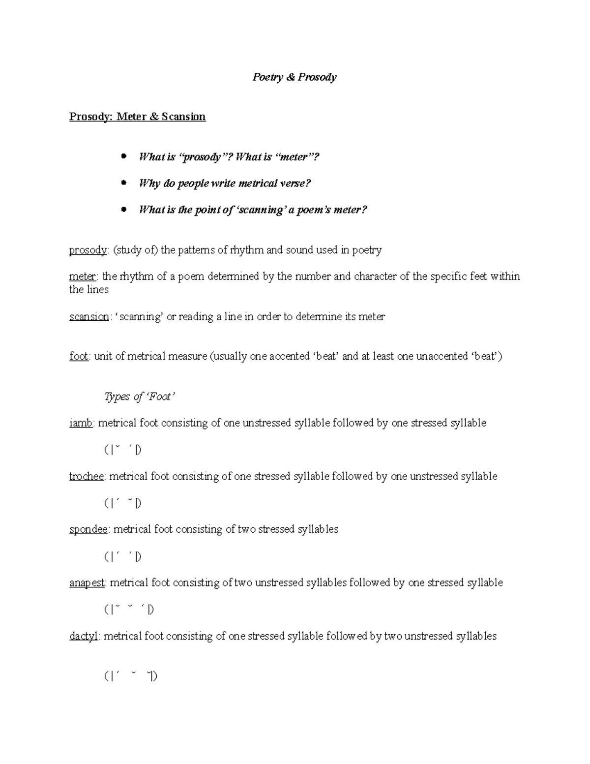 Poetry and Prosody Notes - Poetry & Prosody Prosody: Meter & Scansion ...