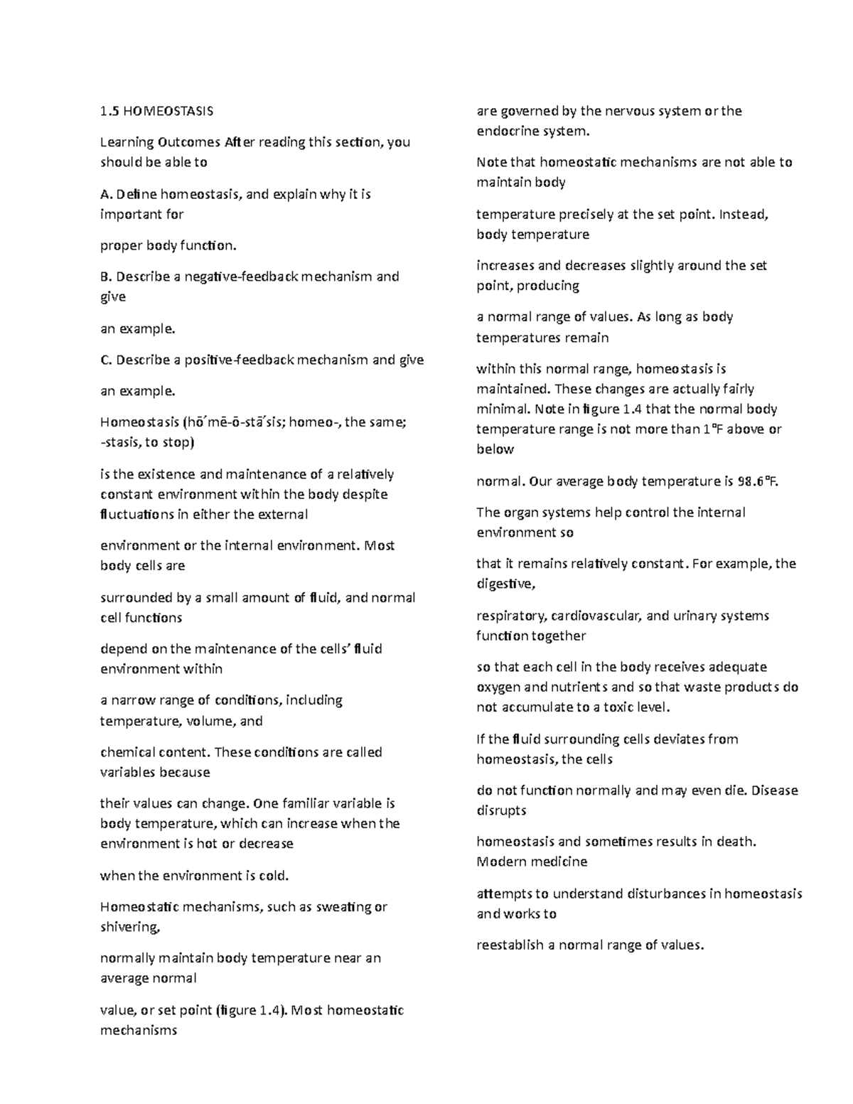 HOMEOSTASIS (CHAPTER 1.5) - 1 HOMEOSTASIS Learning Outcomes After ...