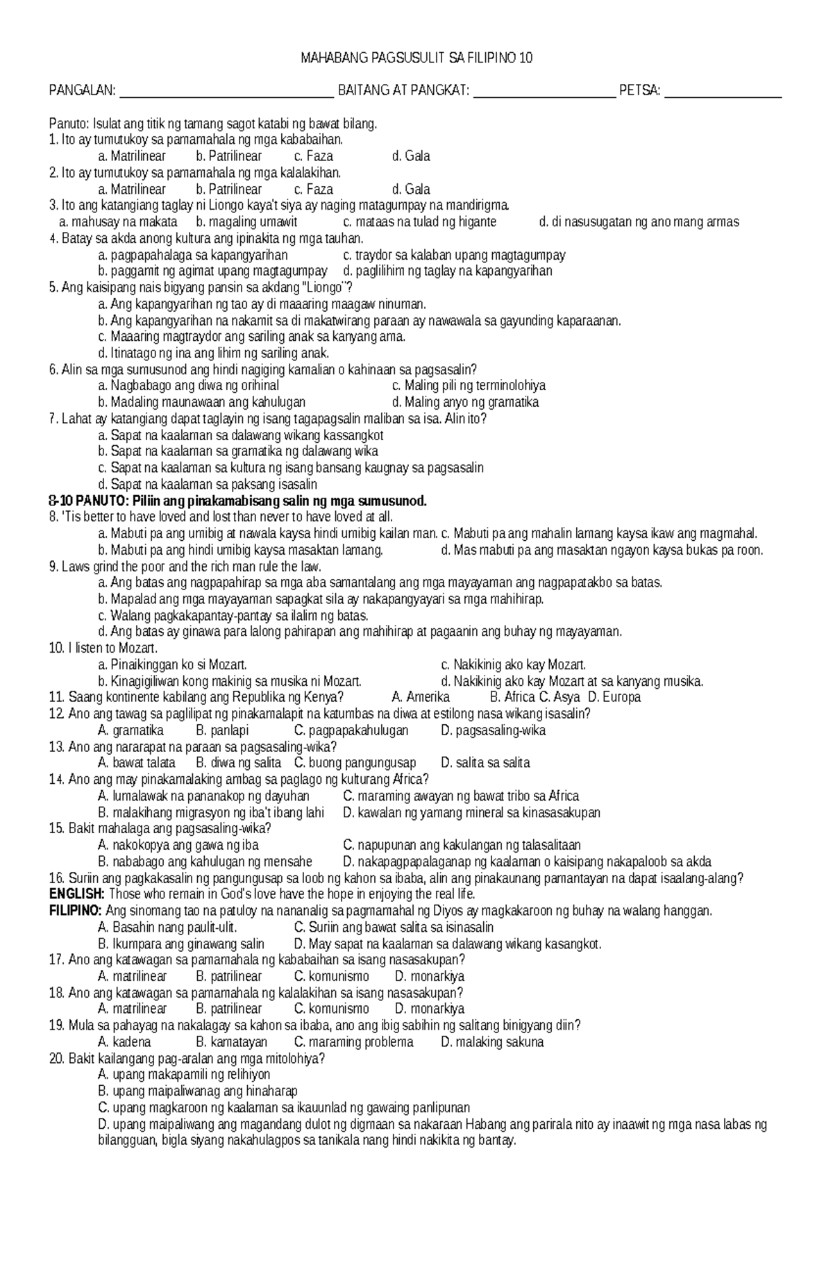 LONG QUIZ FILI 10 - MAHABANG PAGSUSULIT SA FILIPINO 10 PANGALAN