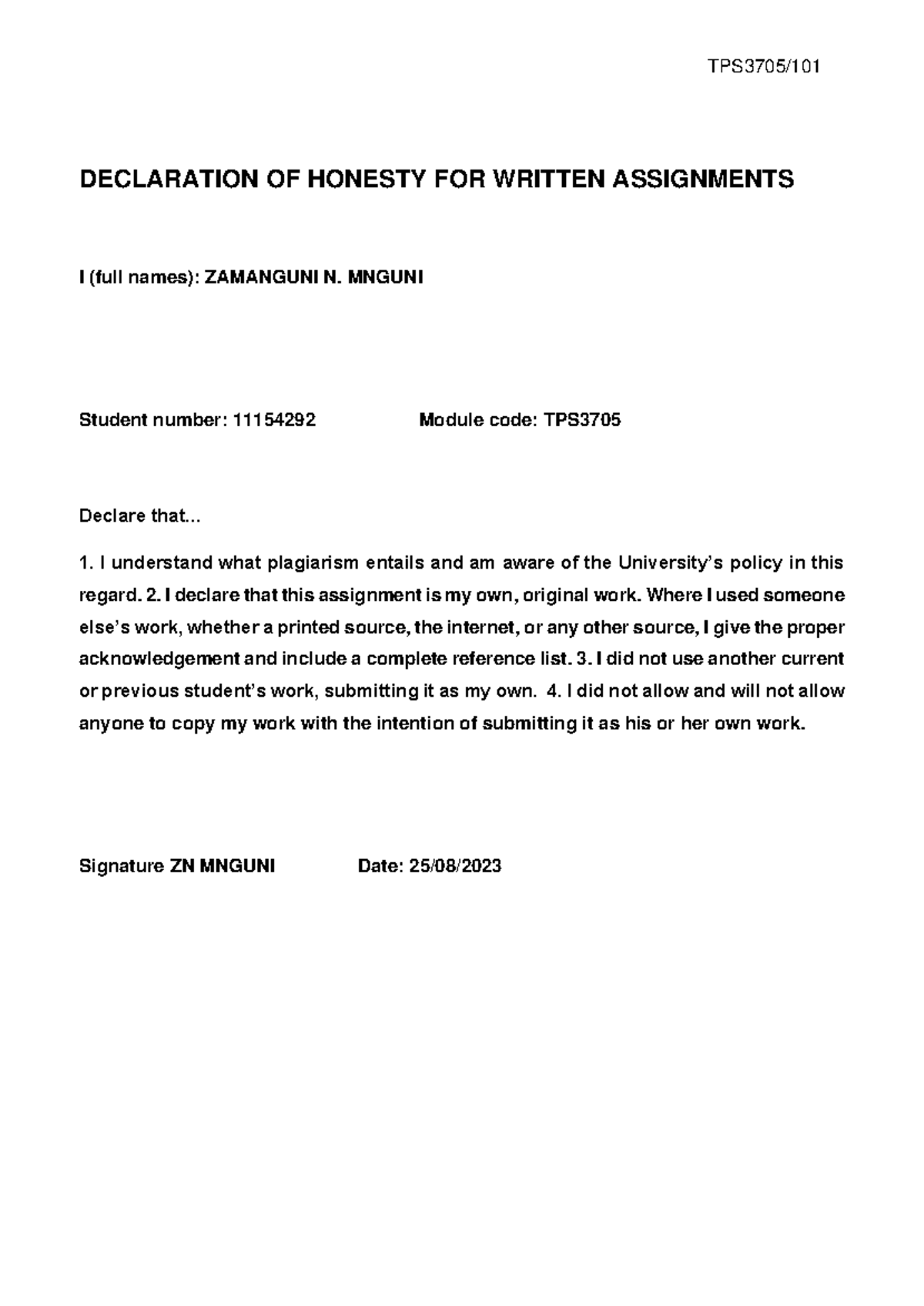 TPS 3705 Assignment 2 - TPS3705/ DECLARATION OF HONESTY FOR WRITTEN ...