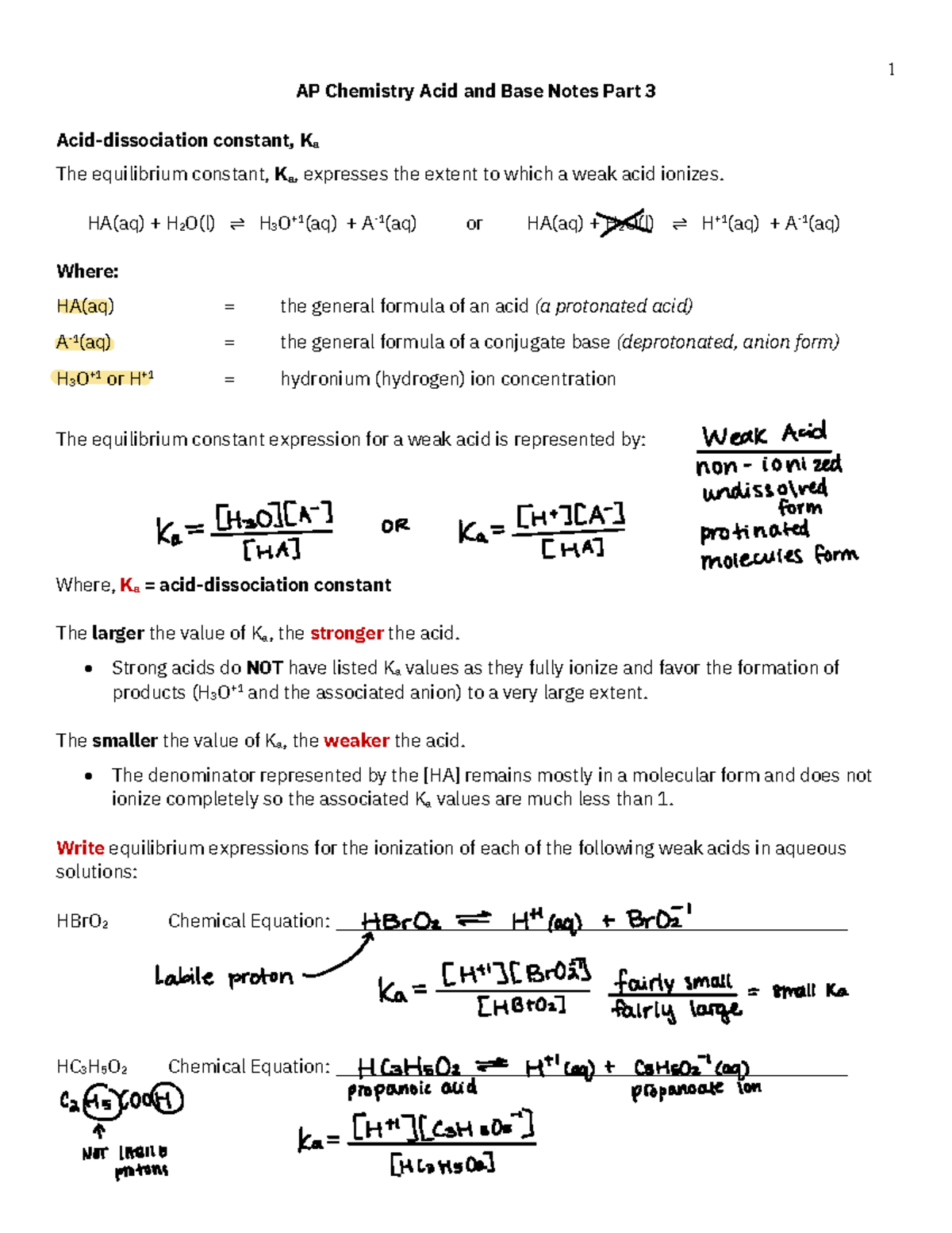 AP Chemistry Acid and Base Notes Part 3 - HA(aq) + H 2 O(l) ⇌ H 3 O+1 ...