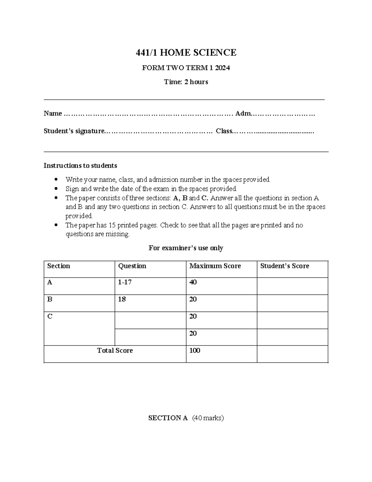 Form 2 - Home Science - Question Paper - 441/1 HOME SCIENCE FORM TWO ...