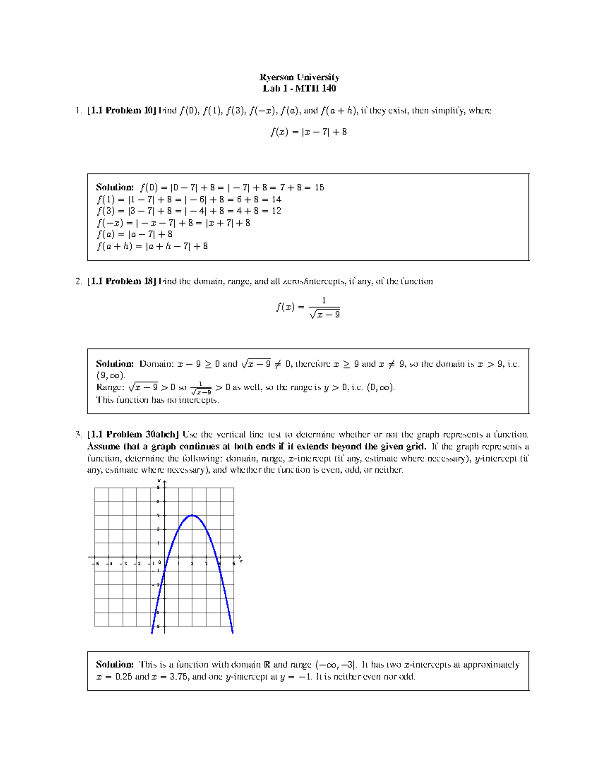 MTH140 - Lab 1 (Solutions) - Ryerson University Lab 1 - MTH 140 [1 ...