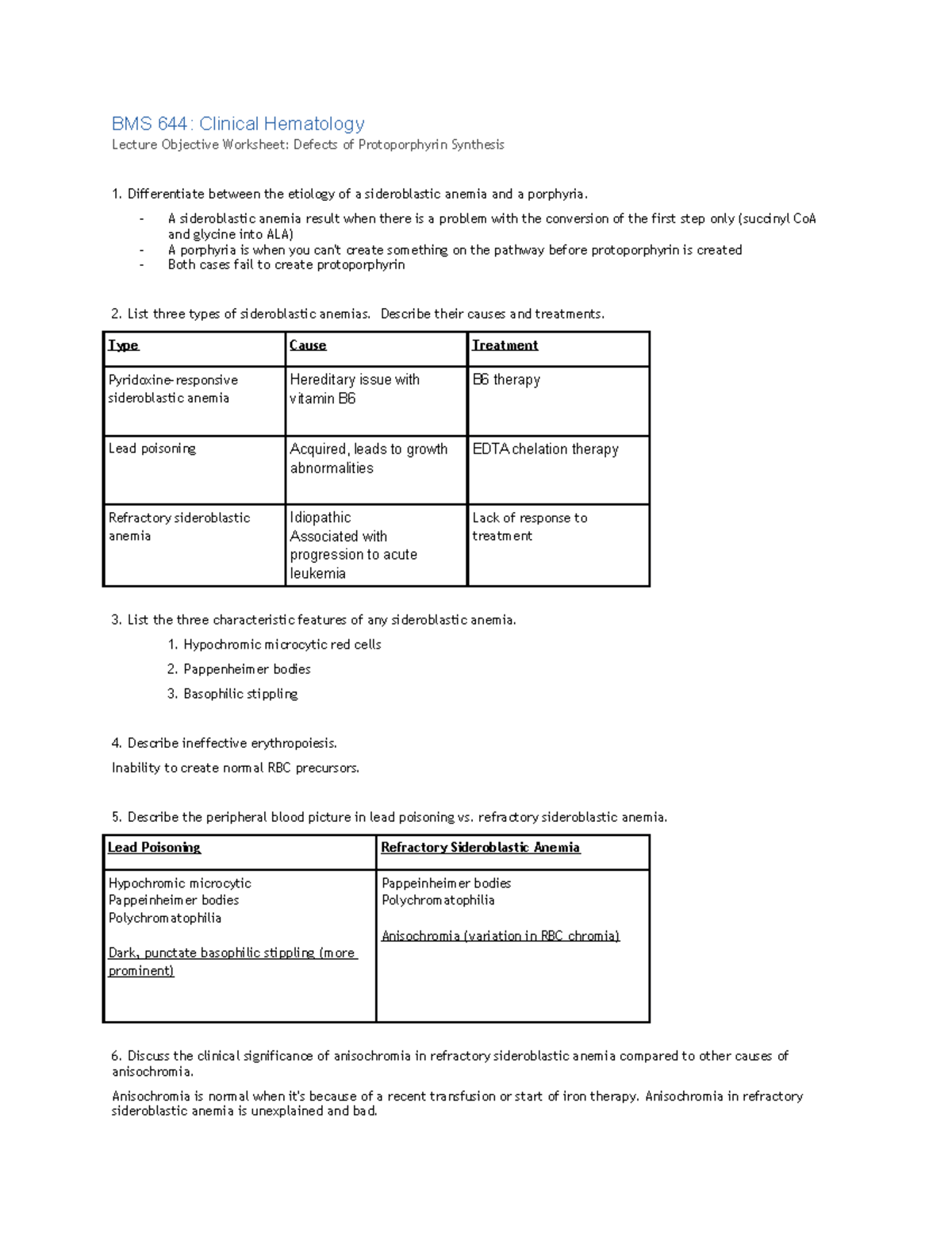 Defects of protoporphyrin synthesis - BMS 644: Clinical Hematology ...