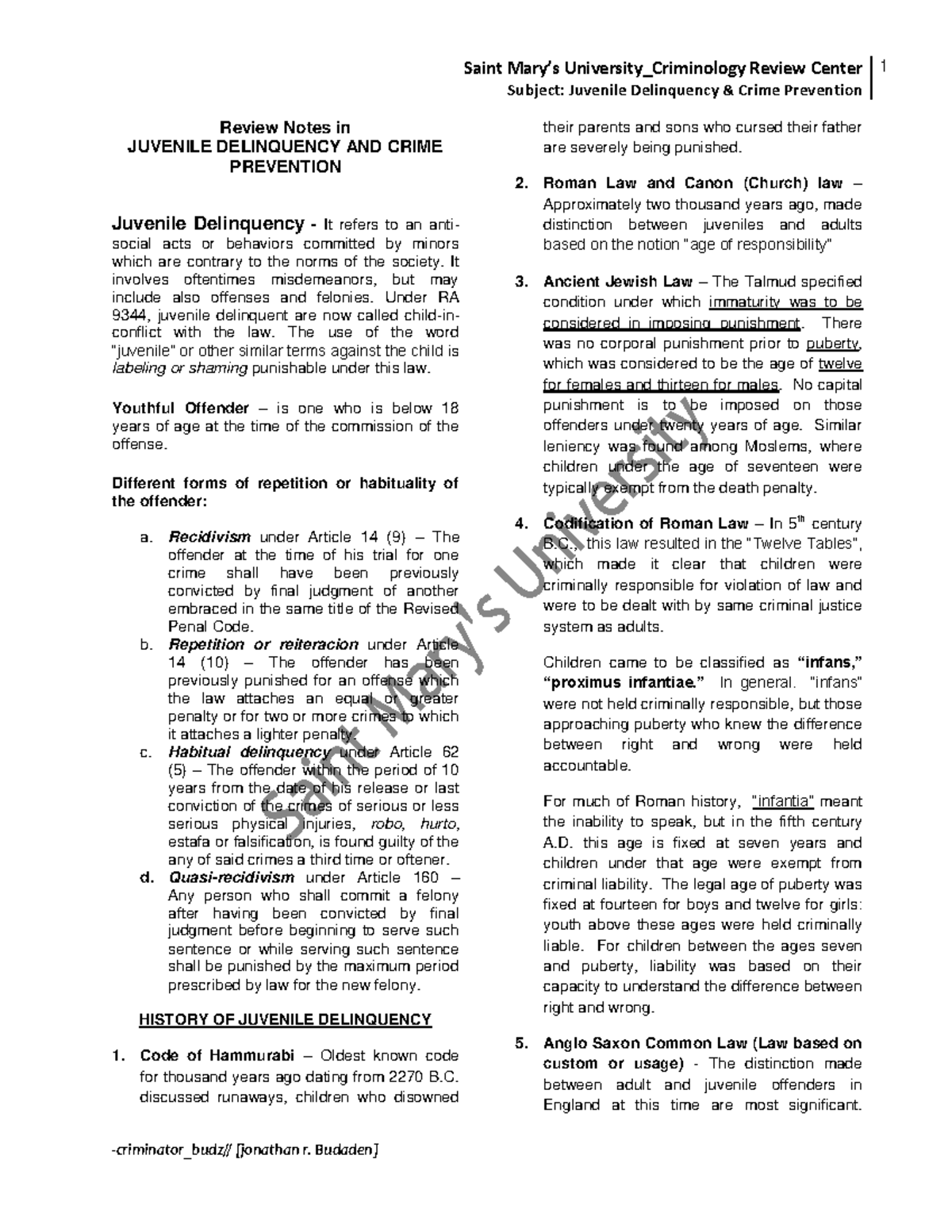 Review Notes in Juvenile Delinquency in crime - Saint Mary’s University ...
