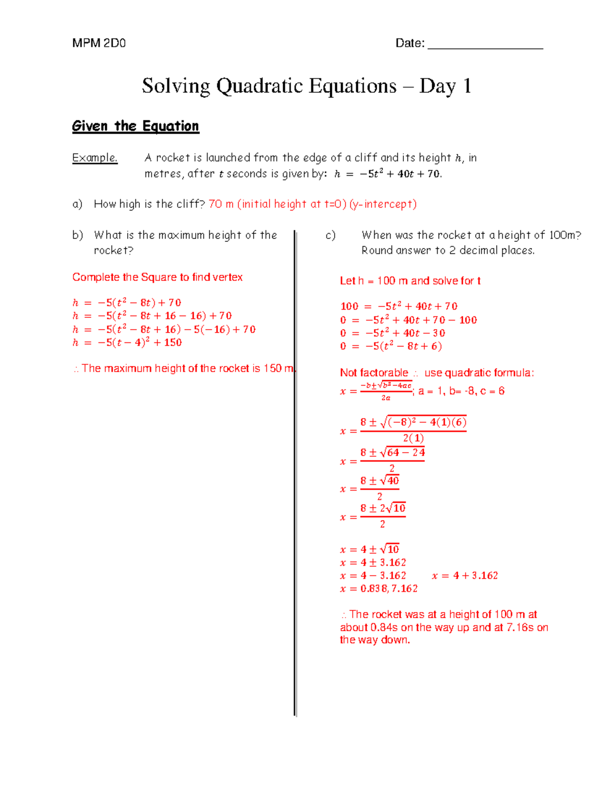 Solving Quadratic Equations Apps - MPM 2D0 Date ...