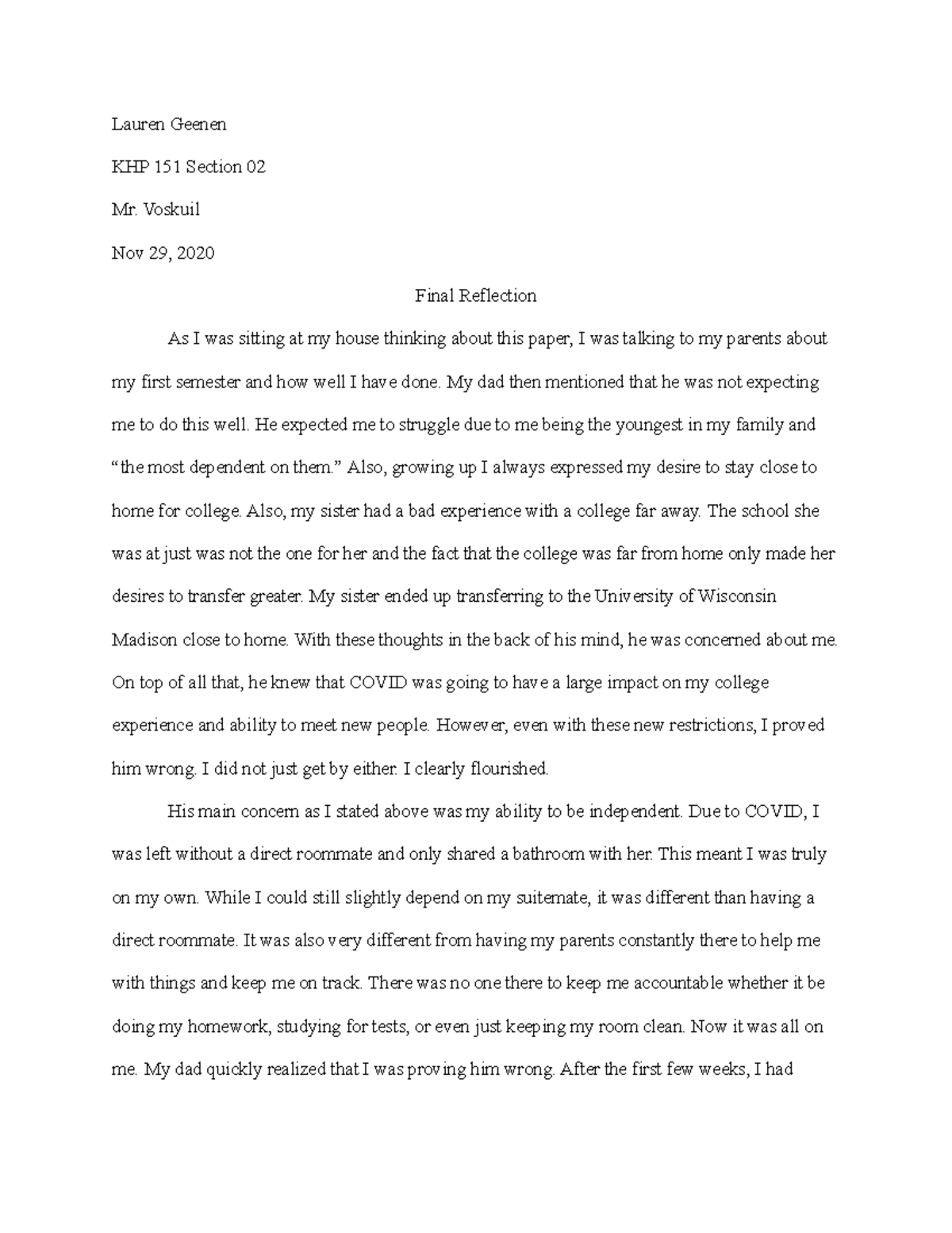 Final Reflection - Lauren Geenen KHP 151 Section 02 Mr. Voskuil Nov 29 ...