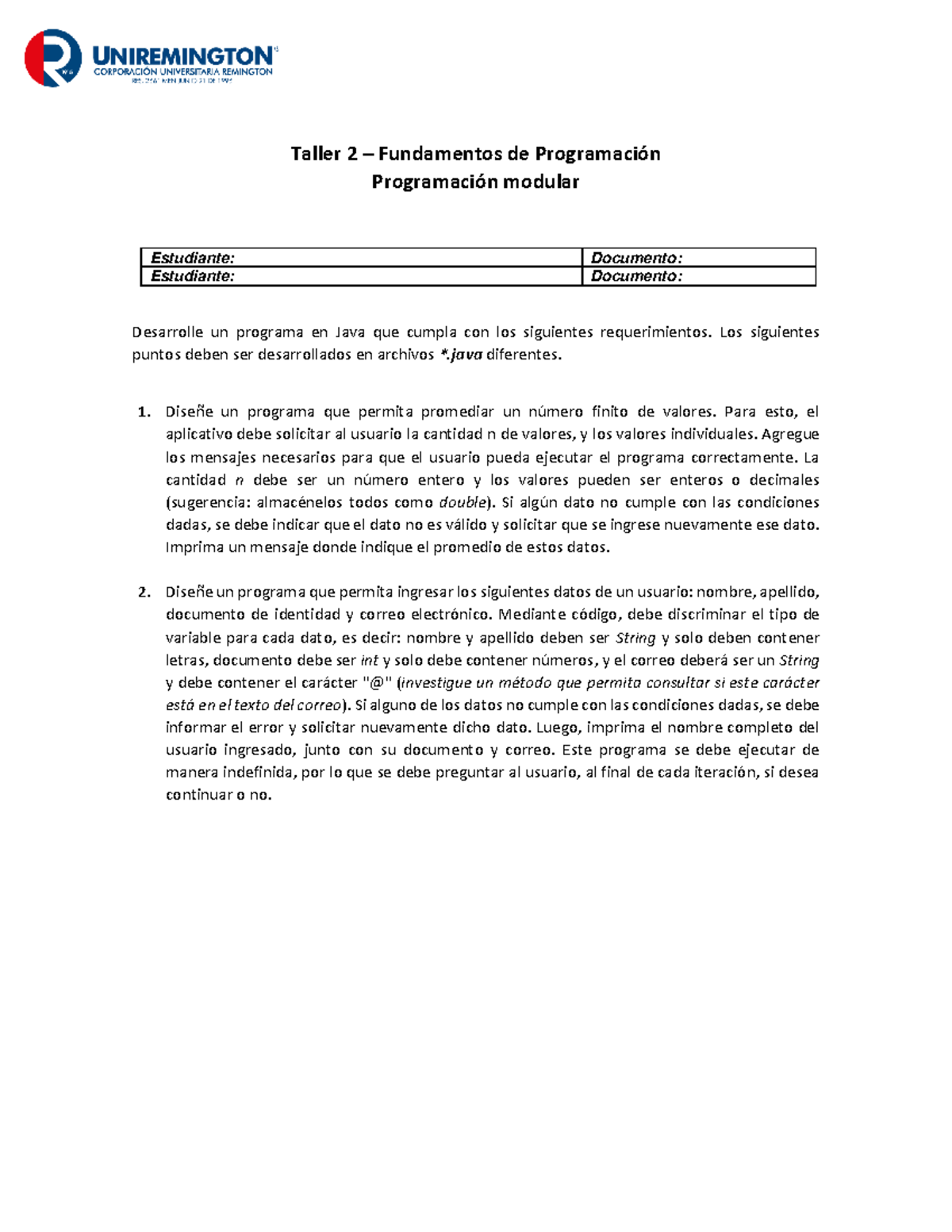 Taller 2 - Fundamentos de Programación - Taller 2 – Fundamentos de ...