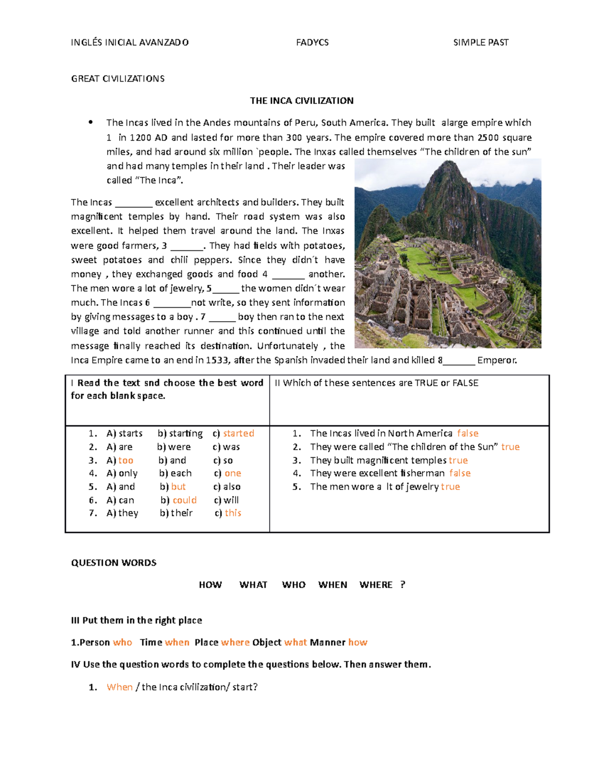 INGLES EJERCICIOS - GREAT CIVILIZATIONS THE INCA CIVILIZATION The Incas ...