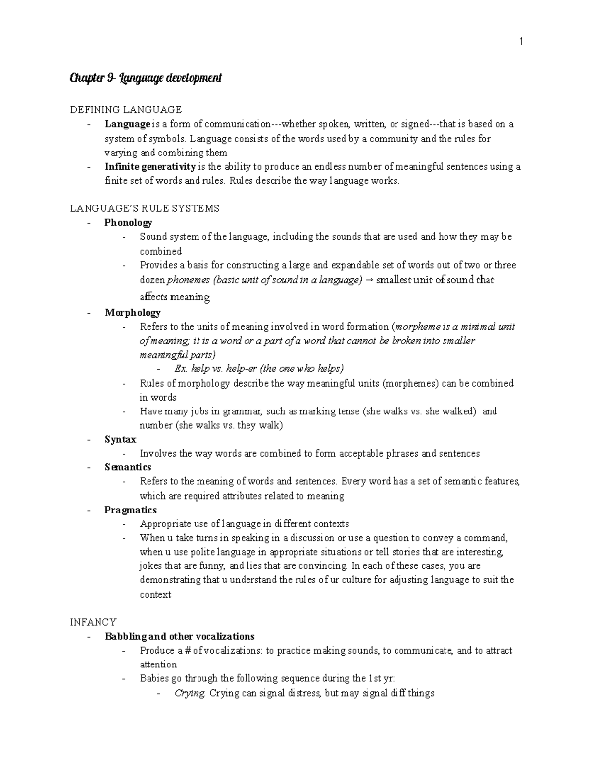 Chapter 9 - Chapter 9- Language development DEFINING LANGUAGE ...