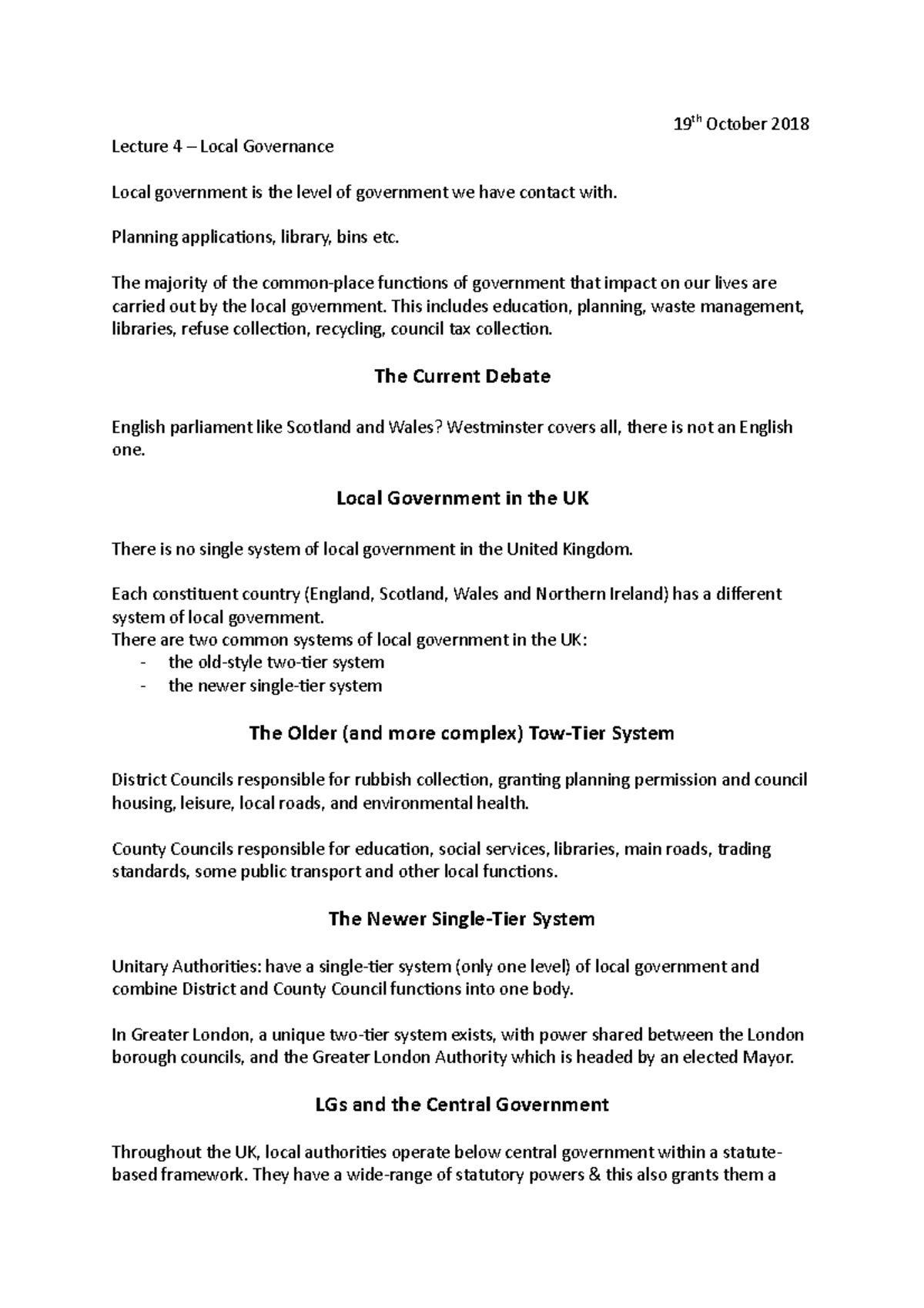 L4 Local Government - Lecture notes 1 - 19th October 2018 Lecture 4 ...