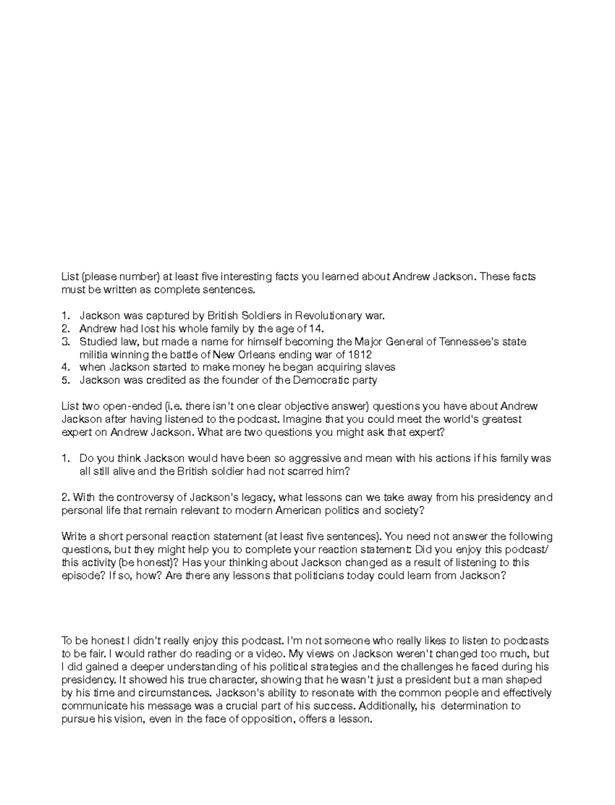 Andrew Jackson - DBQ - List (please number) at least five interesting ...