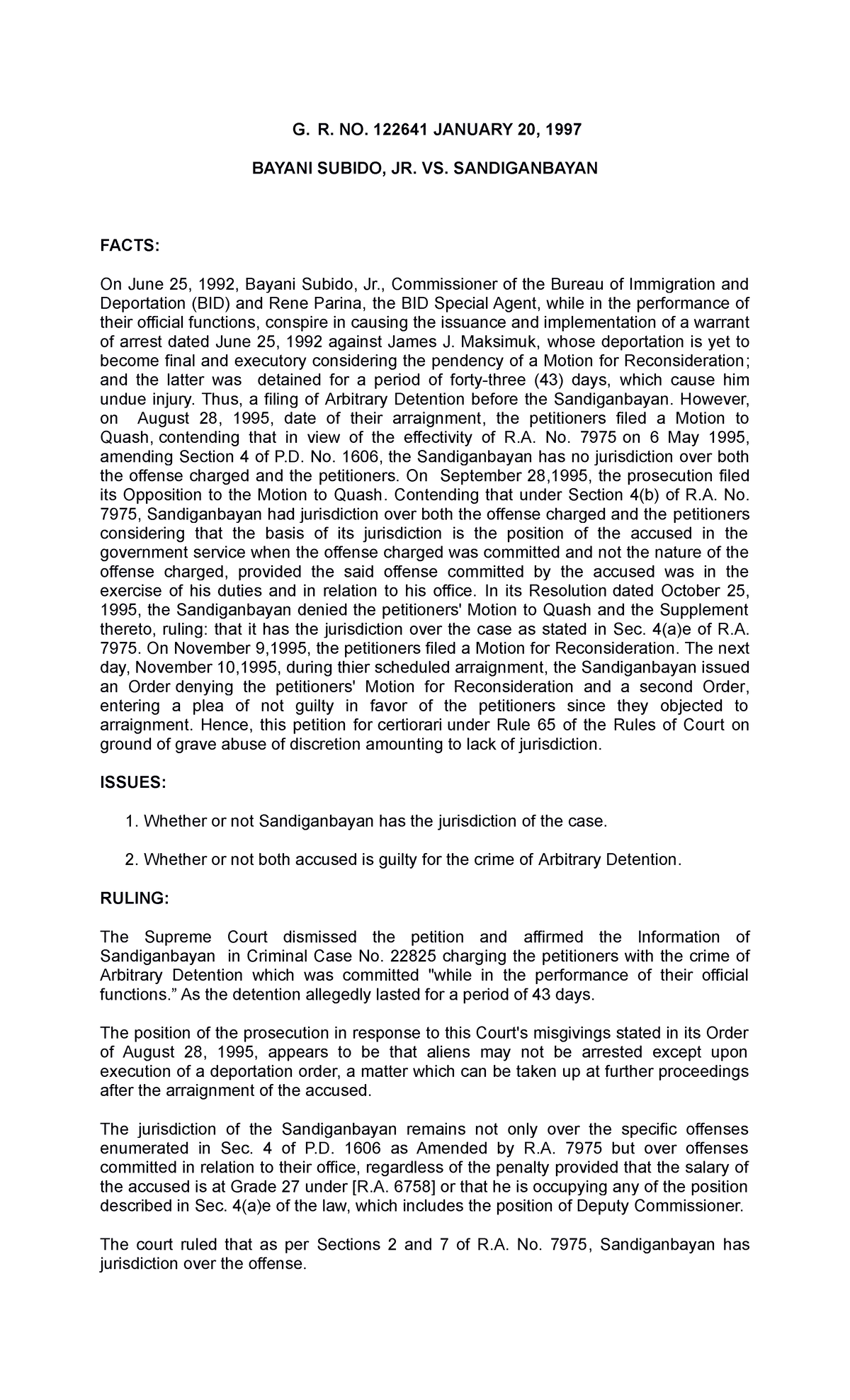Subido VS. Sandiganbayan - digested - Persons and Family - SU - Studocu