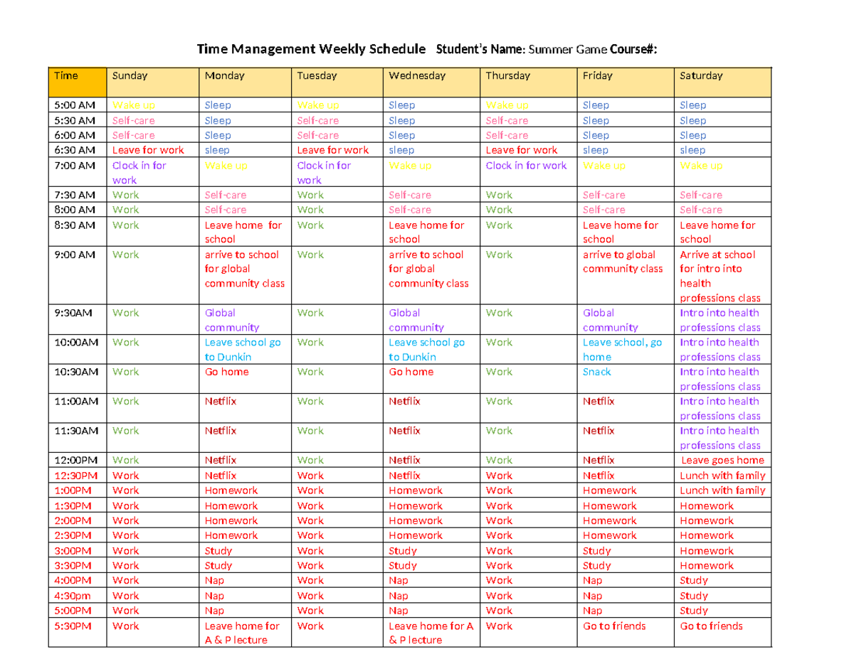 Time management 1111111111 - Time Management Weekly Schedule Student’s ...