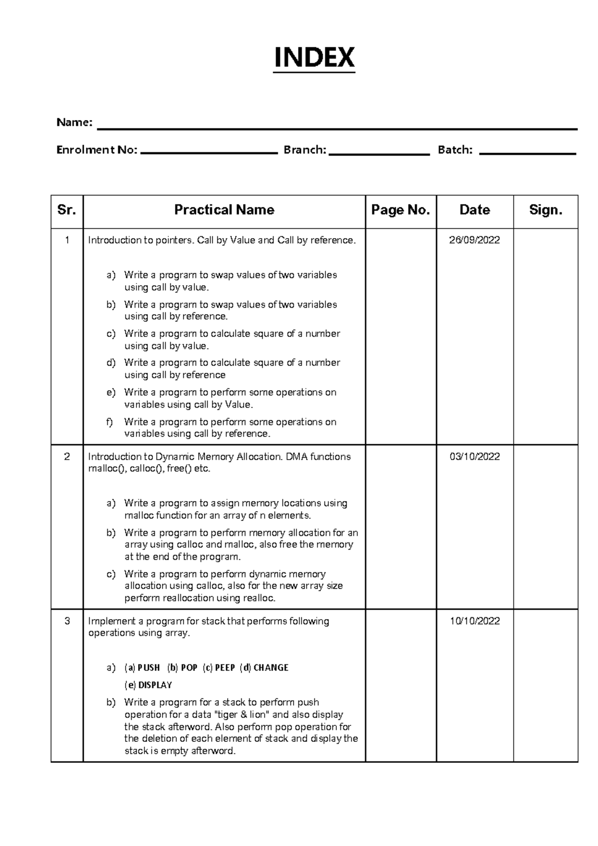 DS Index final - It is data structures notes - INDEX Name: Enrolment No ...