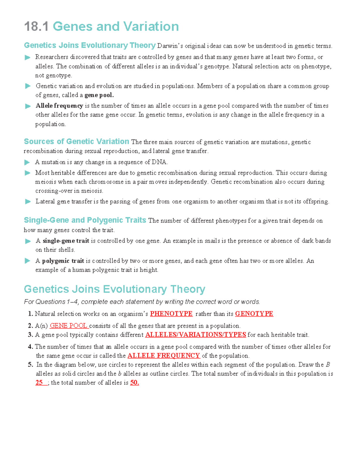 18.1 Genes and Variation Study Guide KEY - 18 Genes and Variation ...