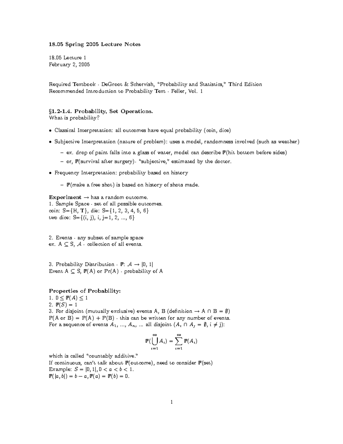 18 05 lec1 - Pua - 18 Spring 2005 Lecture Notes 18 Lecture 1 February 2 ...