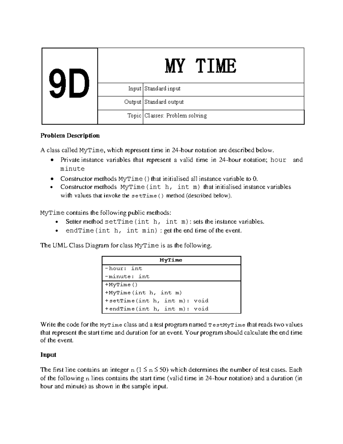Lab 9 Set 1 Classes 9d My Time Input Standard Input Output Standard Output Topic Classes