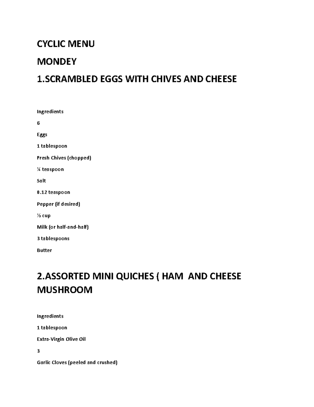 Cyclic MENU - PRACTICAL - CYCLIC MENU MONDEY 1 EGGS WITH CHIVES AND ...