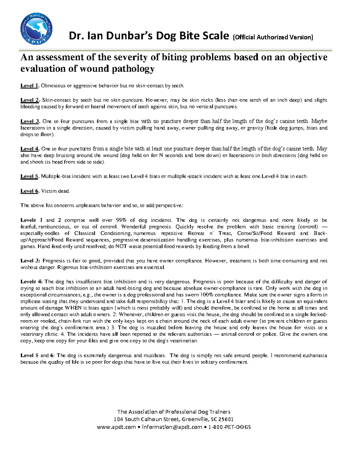 Ian dunbar dog bite scale - The Association of Professional Dog ...