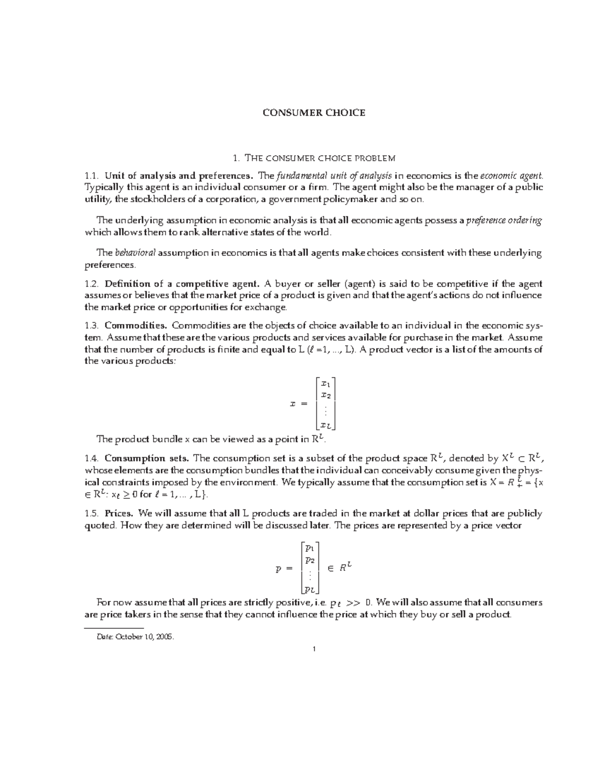 Consumer Choice - 1. THE CONSUMER CHOICE PROBLEM Unit of analysis and ...