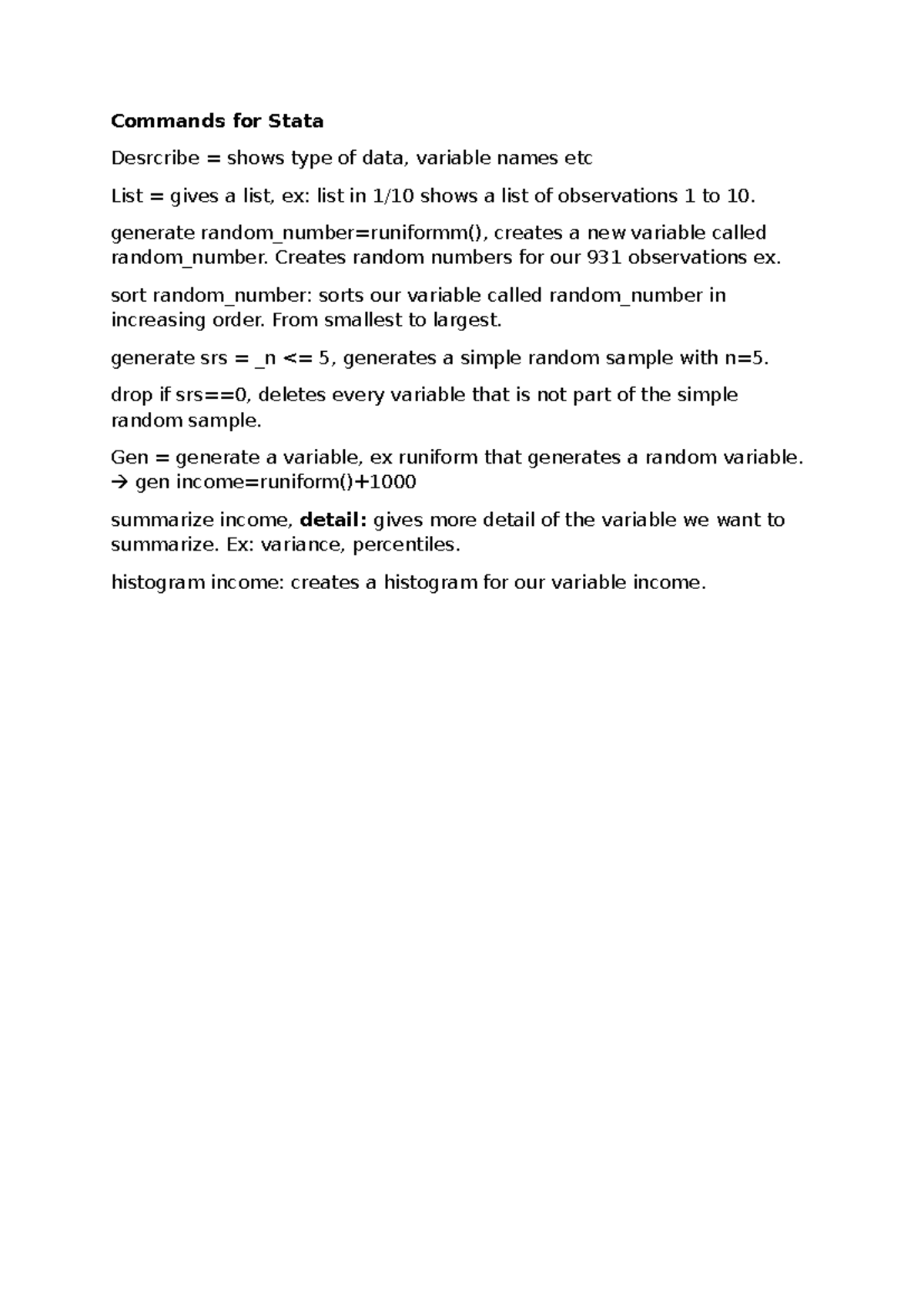 Stata Commands Commands For Stata Desrcribe Shows Type Of Data