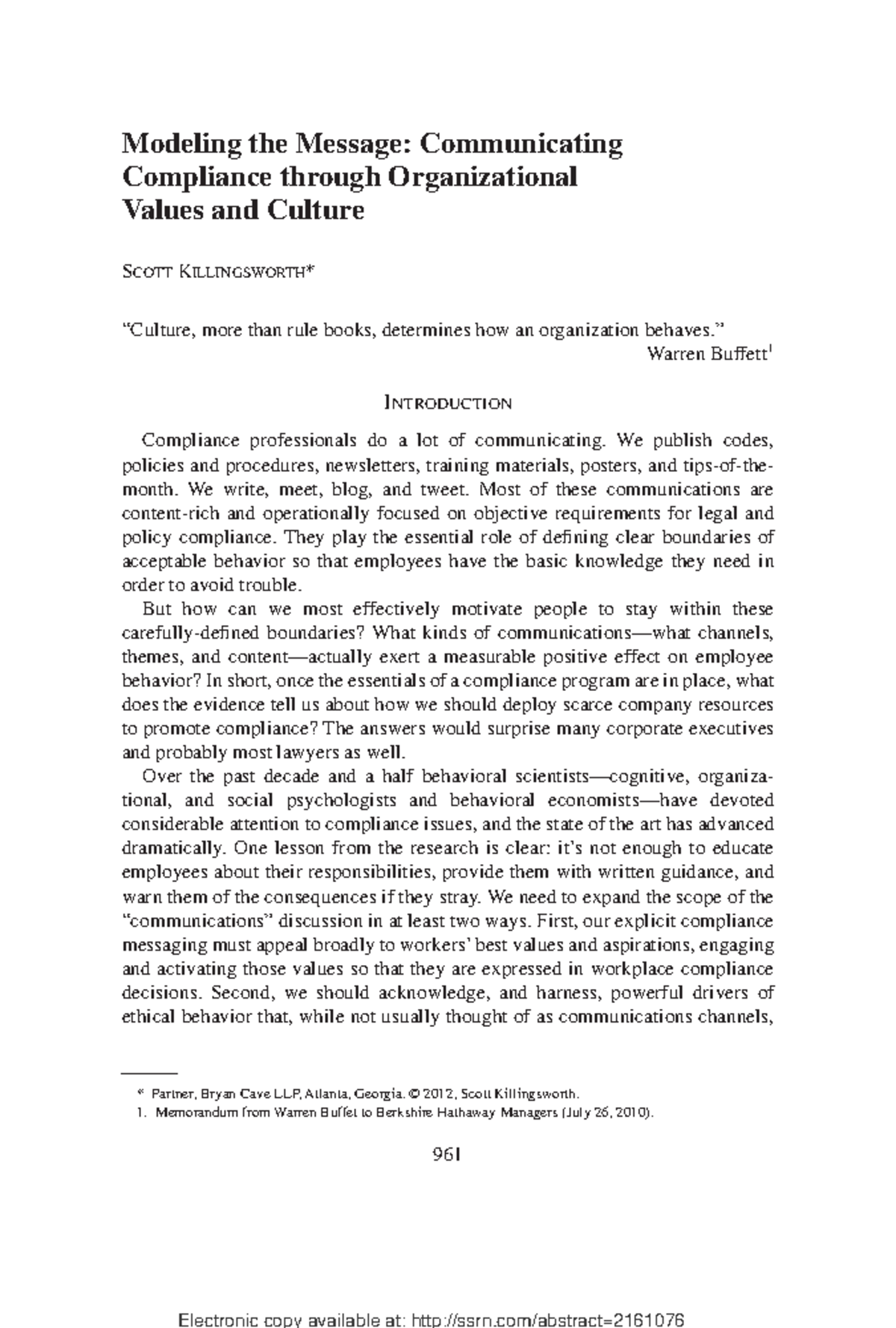 Killingsworth Modeling the Message - Electronic copy available at: ssrn/abstract= Modeling the ...