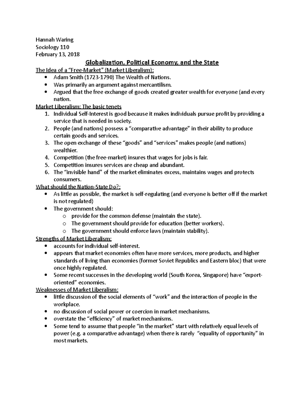 Globalization Notes - Hannah Waring Sociology 110 February 13, 2018 ...