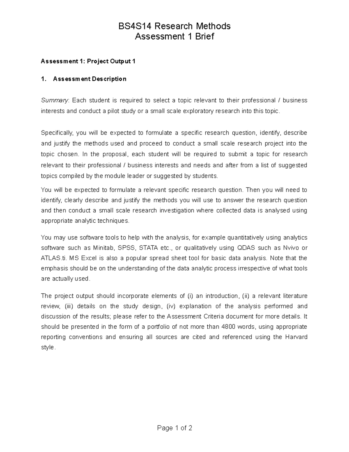 BS4S014 Assessment 1 Brief - BS4S14 Research Methods Assessment 1 Brief ...