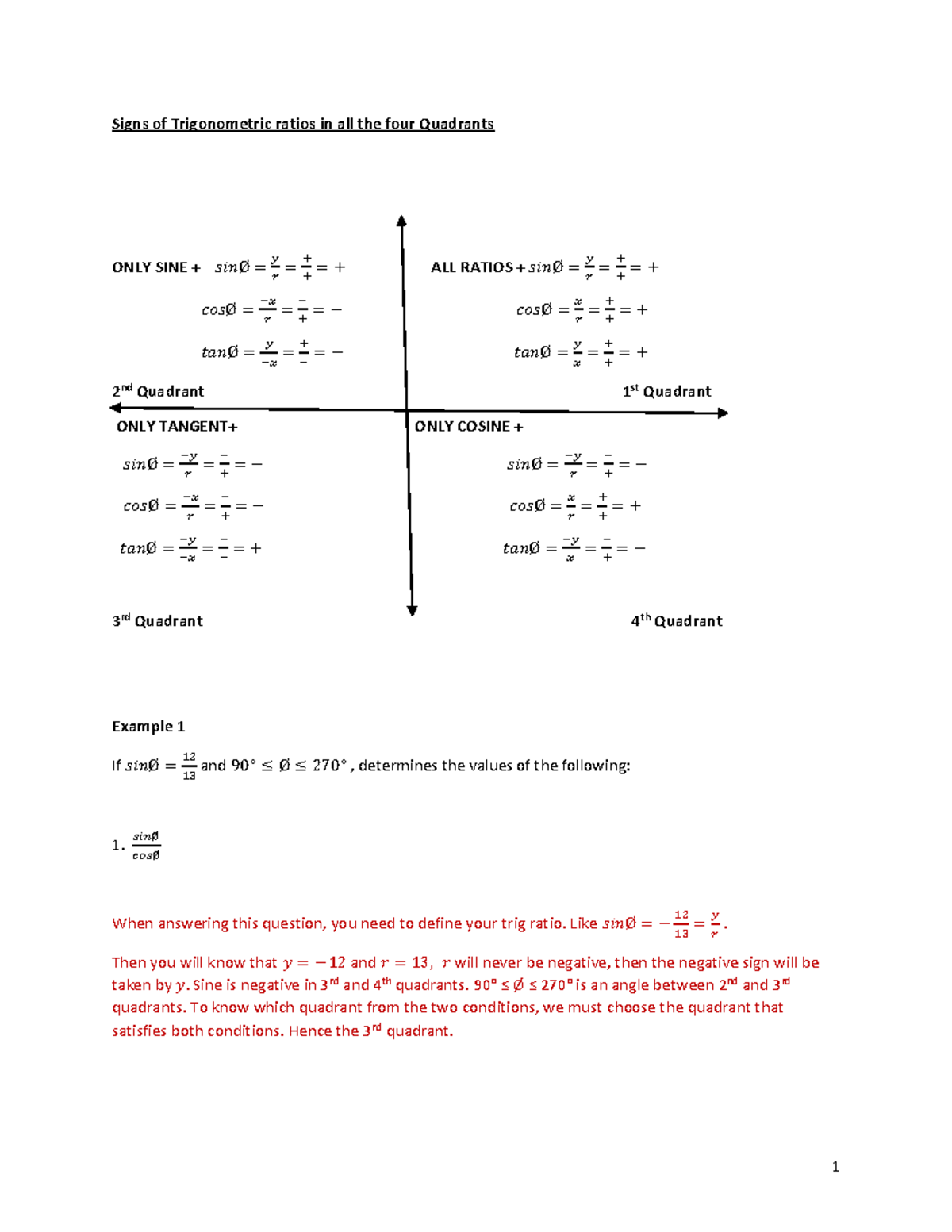 Trigonometry Reduction Notes and Guidelines - Signs of Trigonometric ...