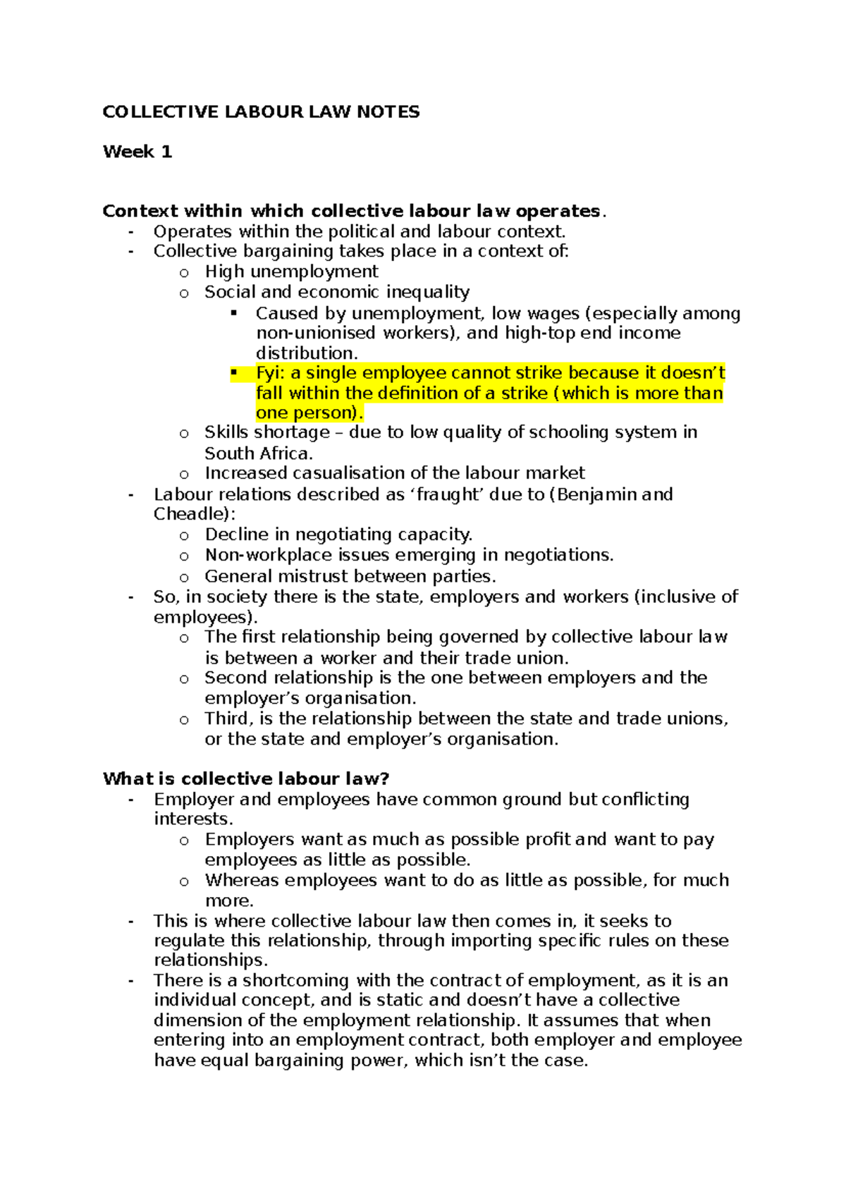 Collective Labour LAW Notes - Week 1-3 - COLLECTIVE LABOUR LAW NOTES ...