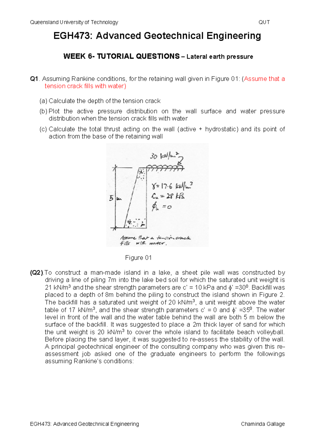 EGH473-Tutorial - Week 6 - Lateral earth pressure - EGH473: Advanced Geotechnical Engineering ...