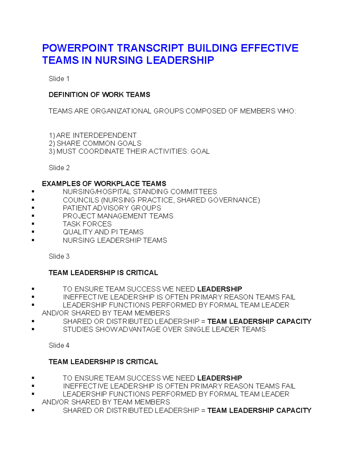 Notes - POWERPOINT TRANSCRIPT BUILDING EFFECTIVE TEAMS IN NURSING ...