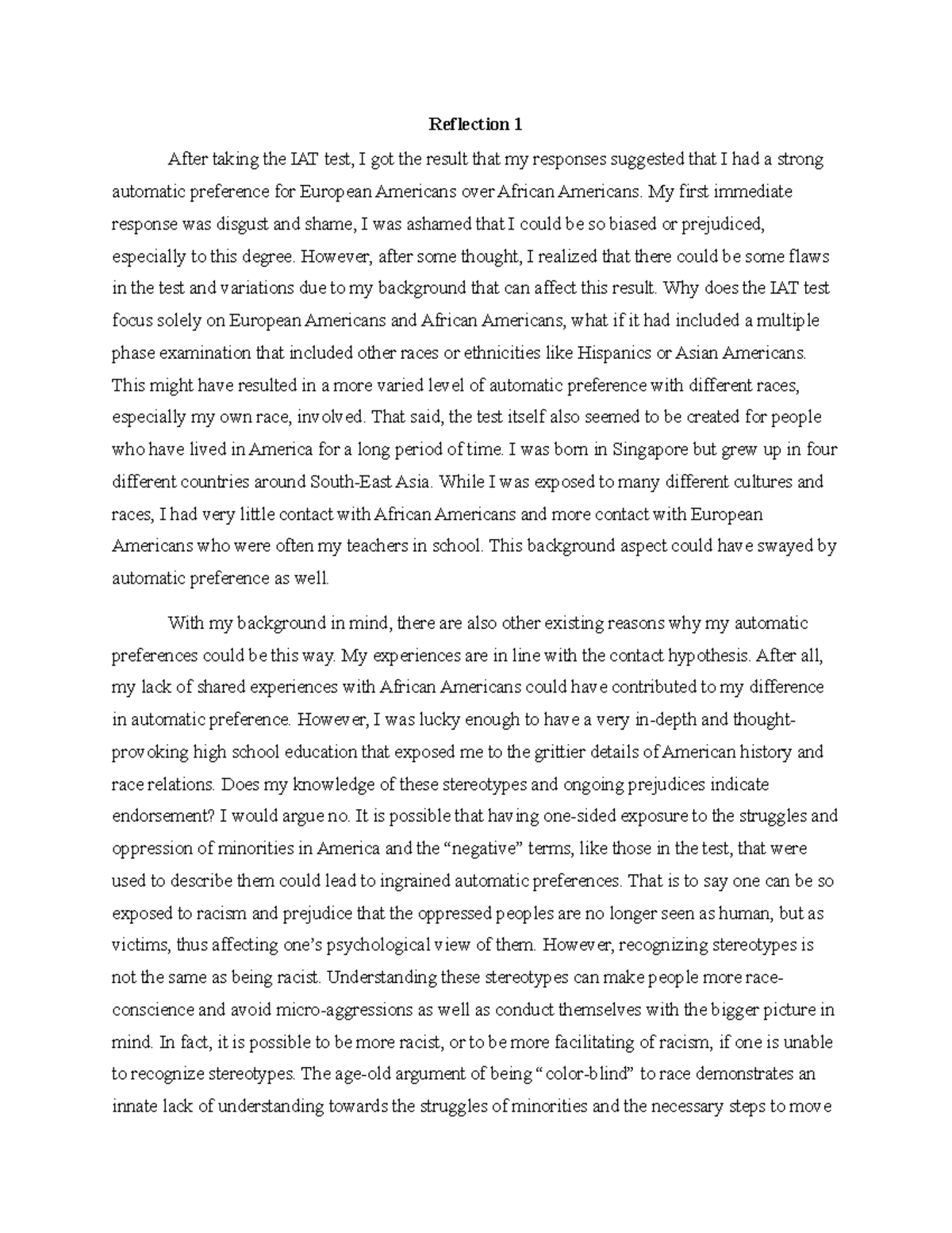 Mor Reflection 1 - assignment - Reflection 1 After taking the IAT test ...