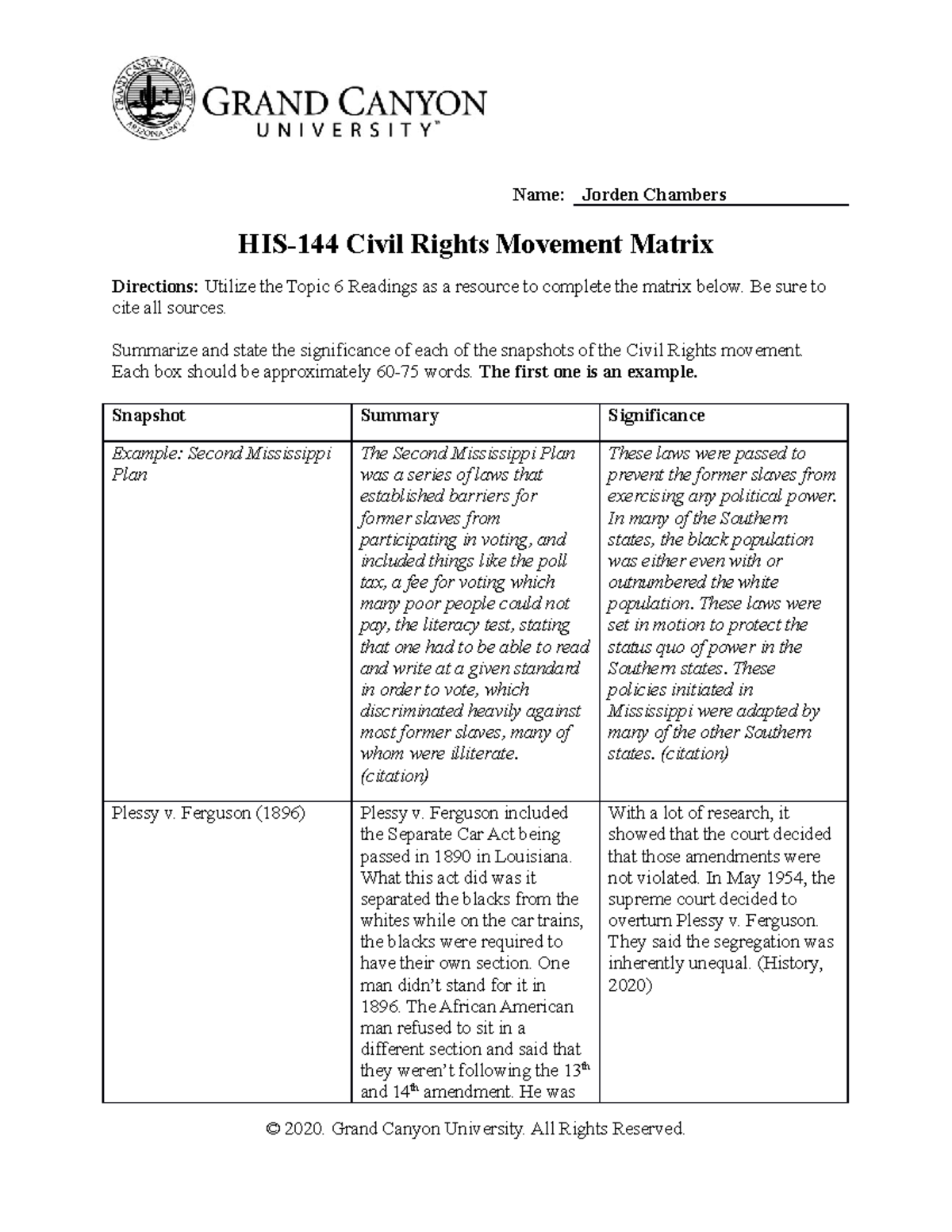 HIS-144-T6 Civil Rights Movement Matrix Online - Name: Jorden Chambers ...