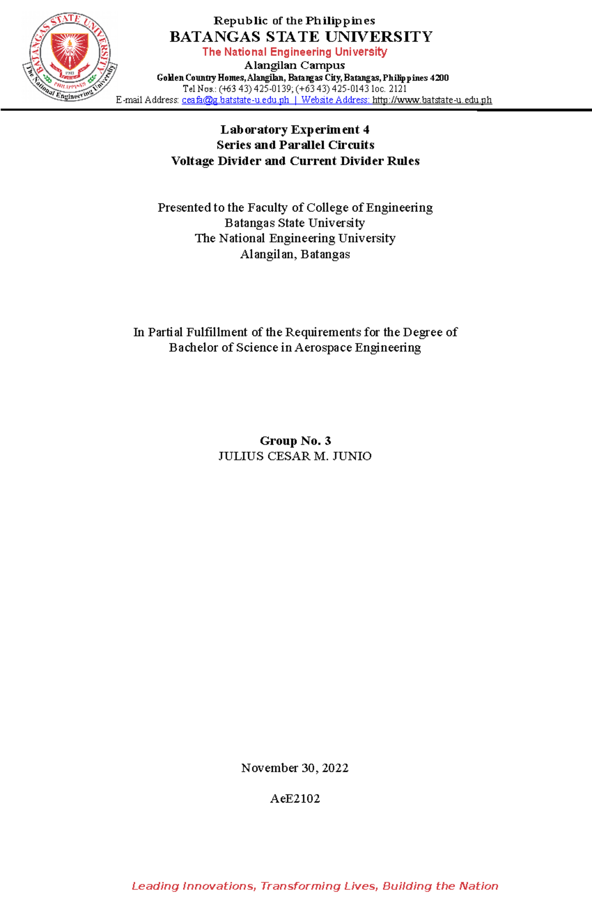 Ae E2102 - Laboratory Report 4 - BATANGAS STATE UNIVERSIT Y The National Engineering University ...