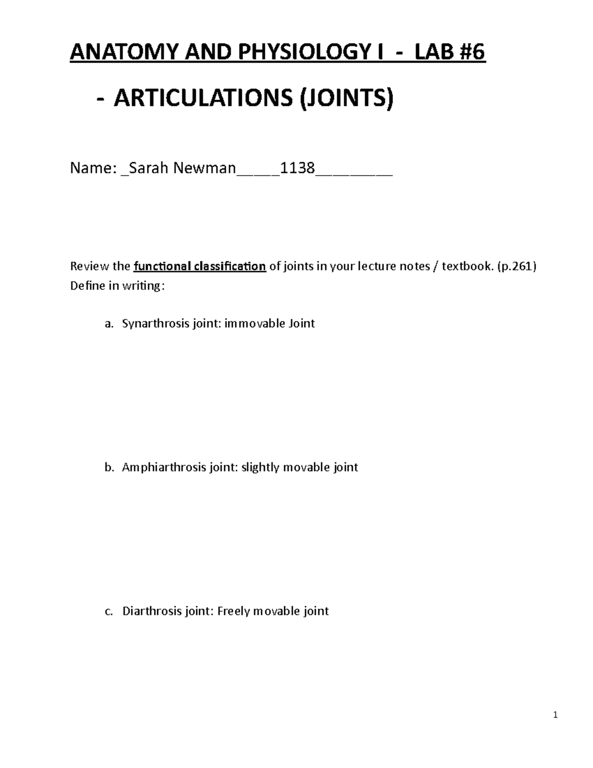 Lab 6 - lab - ANATOMY AND PHYSIOLOGY I - LAB - ARTICULATIONS (JOINTS ...