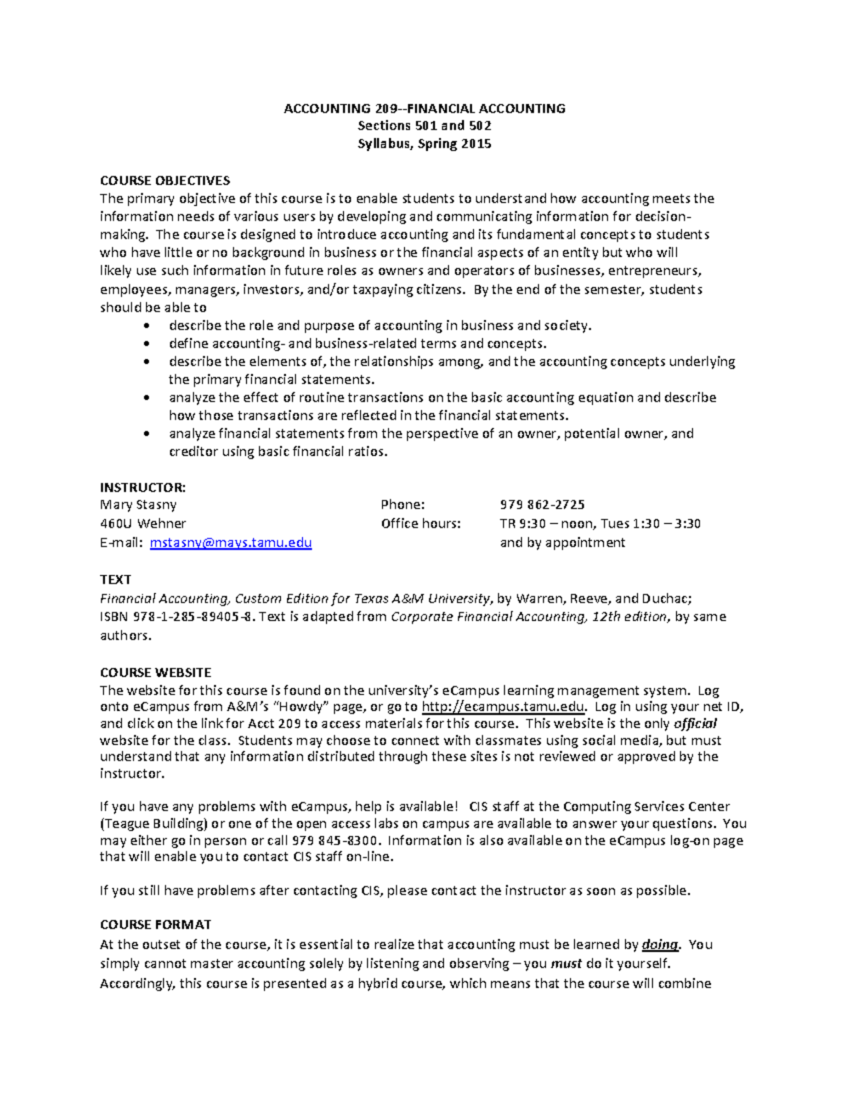 ACCT-209 - syllabus - ACCOUNTING 209-FINANCIAL ACCOUNTING Sections 501 ...