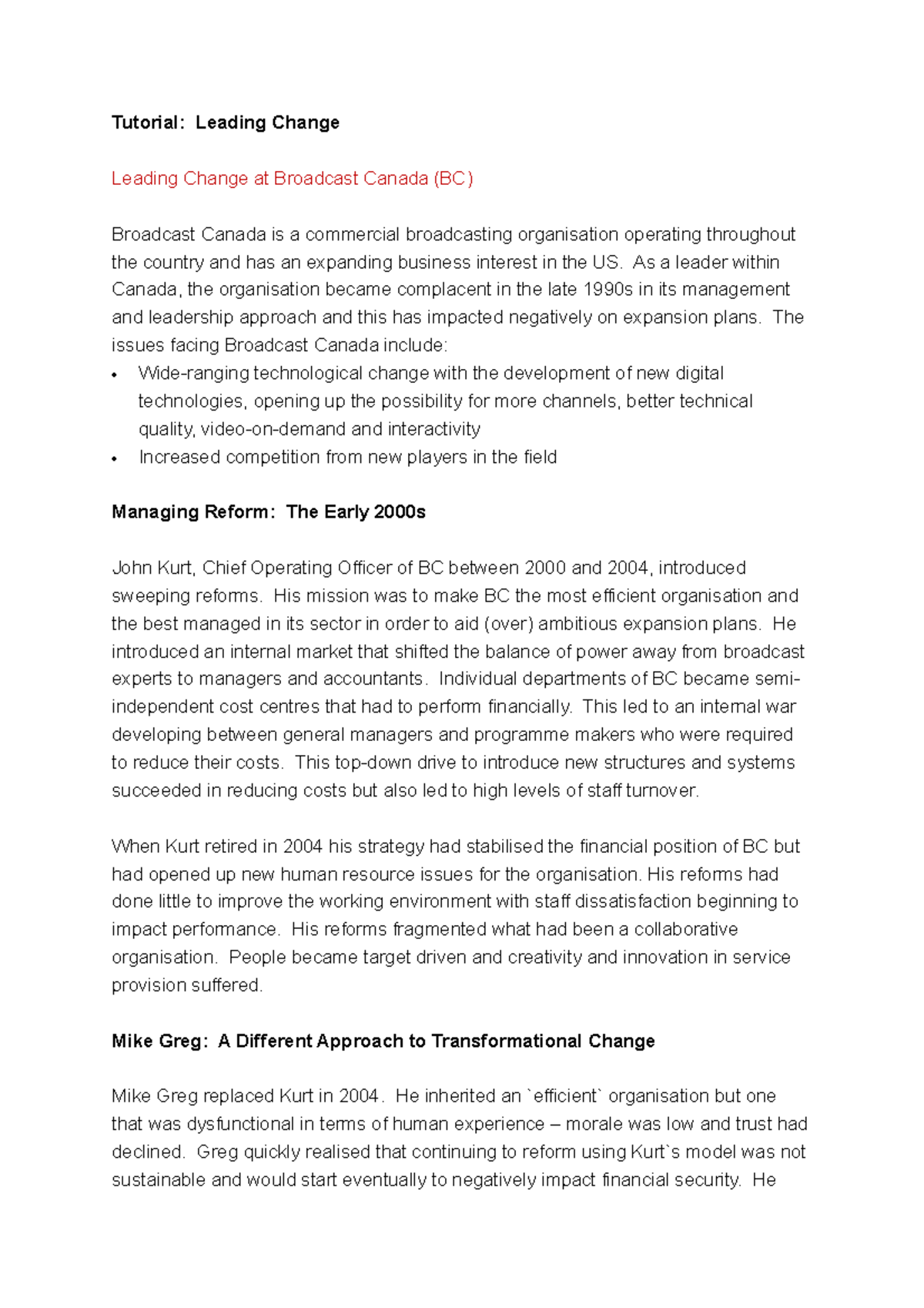 LICE Tutorial Week 11 - Lecture notes 11 - Tutorial: Leading Change ...