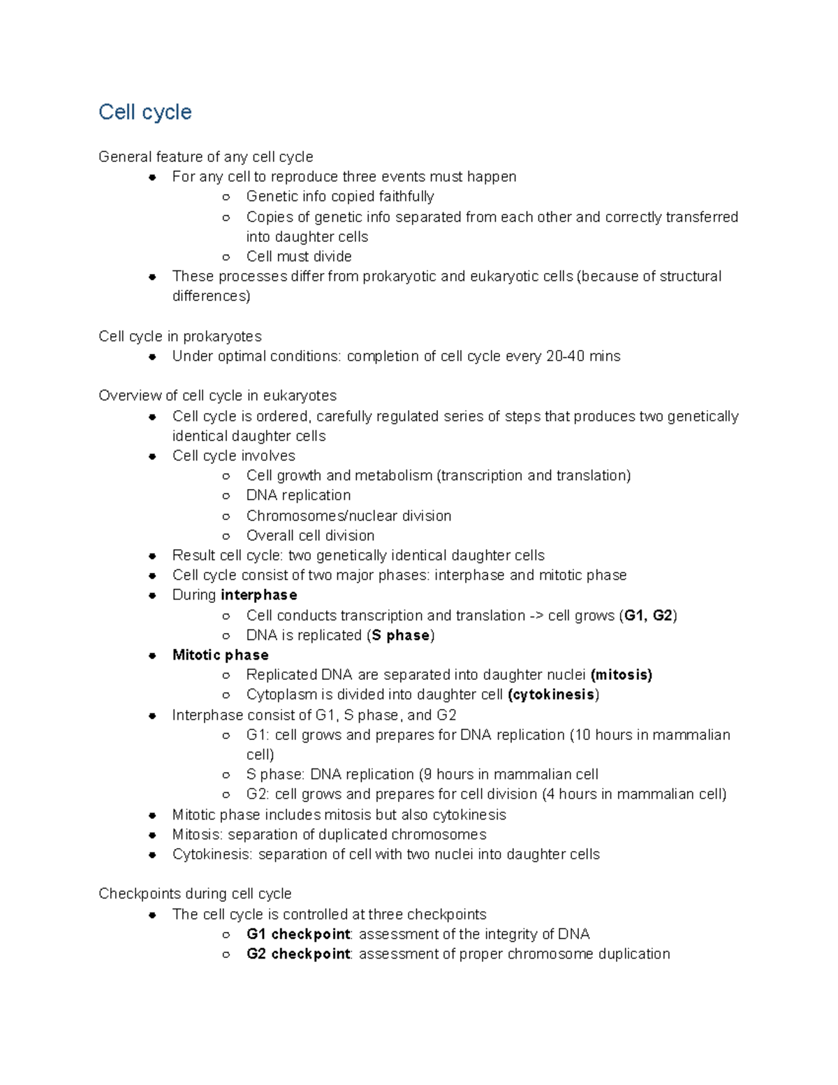 Week 7 - week 7 lecture notes - Cell cycle General feature of any cell ...