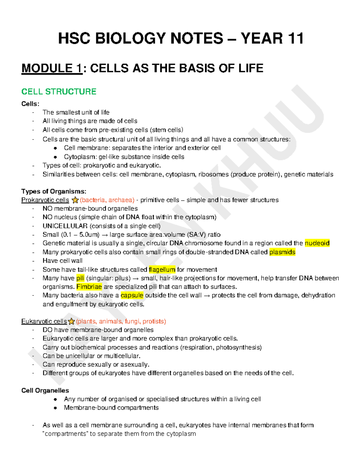 HSC Biology Notes - YEAR 11 - HSC BIOLOGY NOTES – YEAR 11 MODULE 1 ...