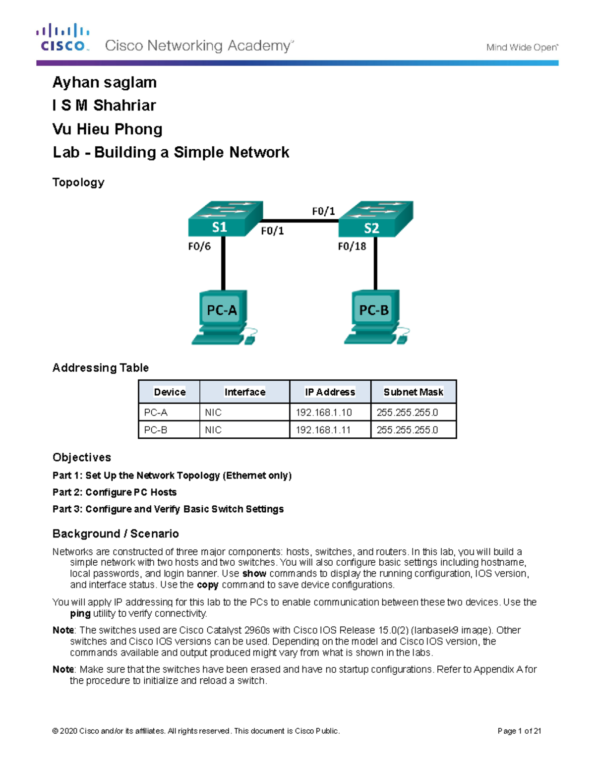 2.3.3.3 Lab - Building a Simple Network - Ayhan saglam I S M Shahriar Vu Hieu Phong Lab ...