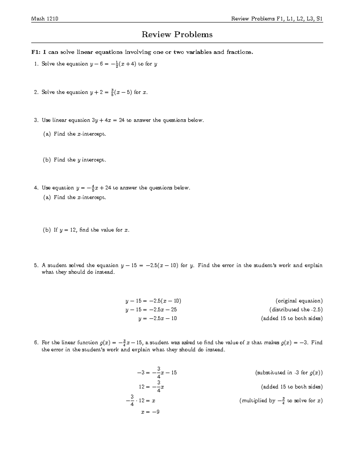 Review LC5 -1 - Algebra Practice. - Math 1210 Review Problems F1, L1 ...
