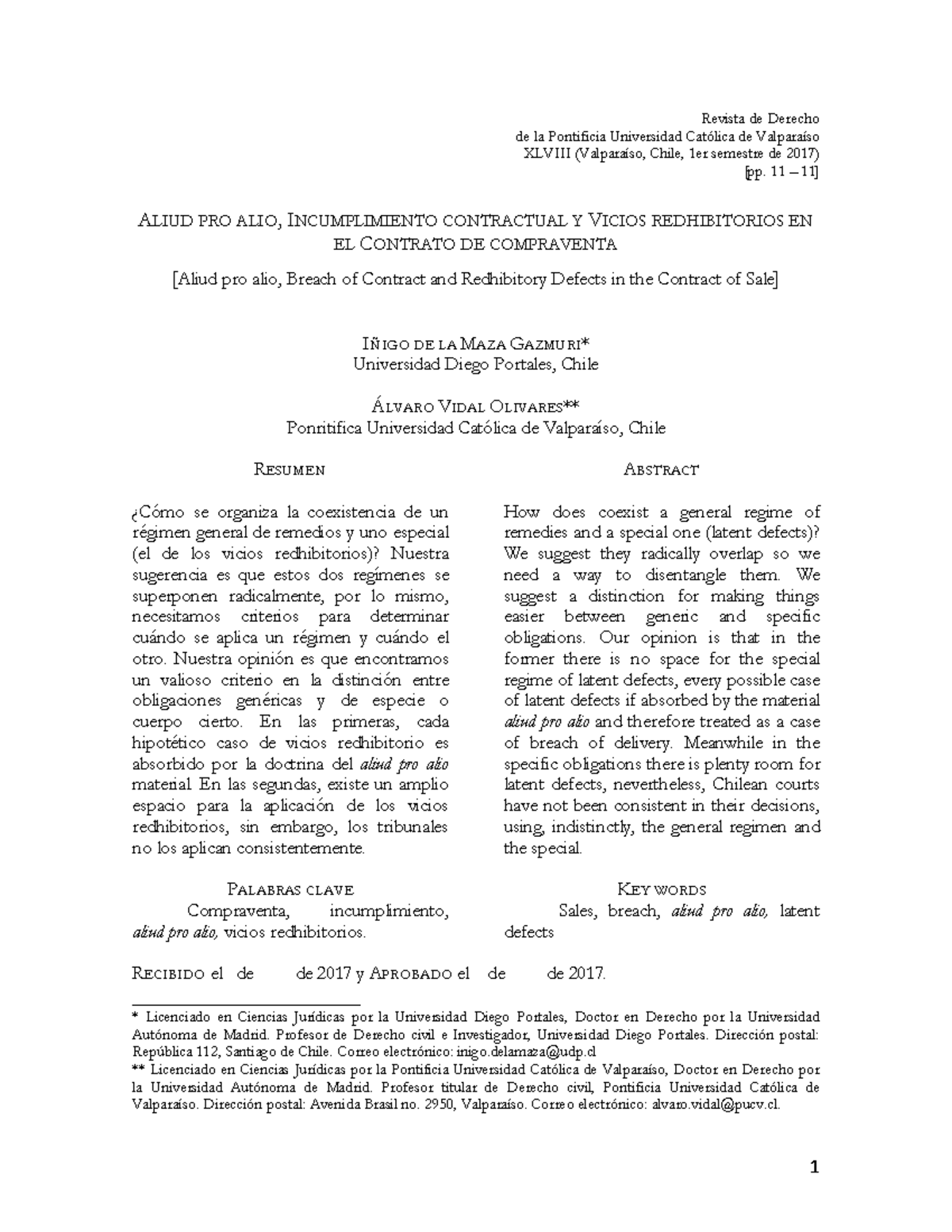 De la Maza y Vidal. Aliud pro alio. Incumplimiento y vicios - Revista ...