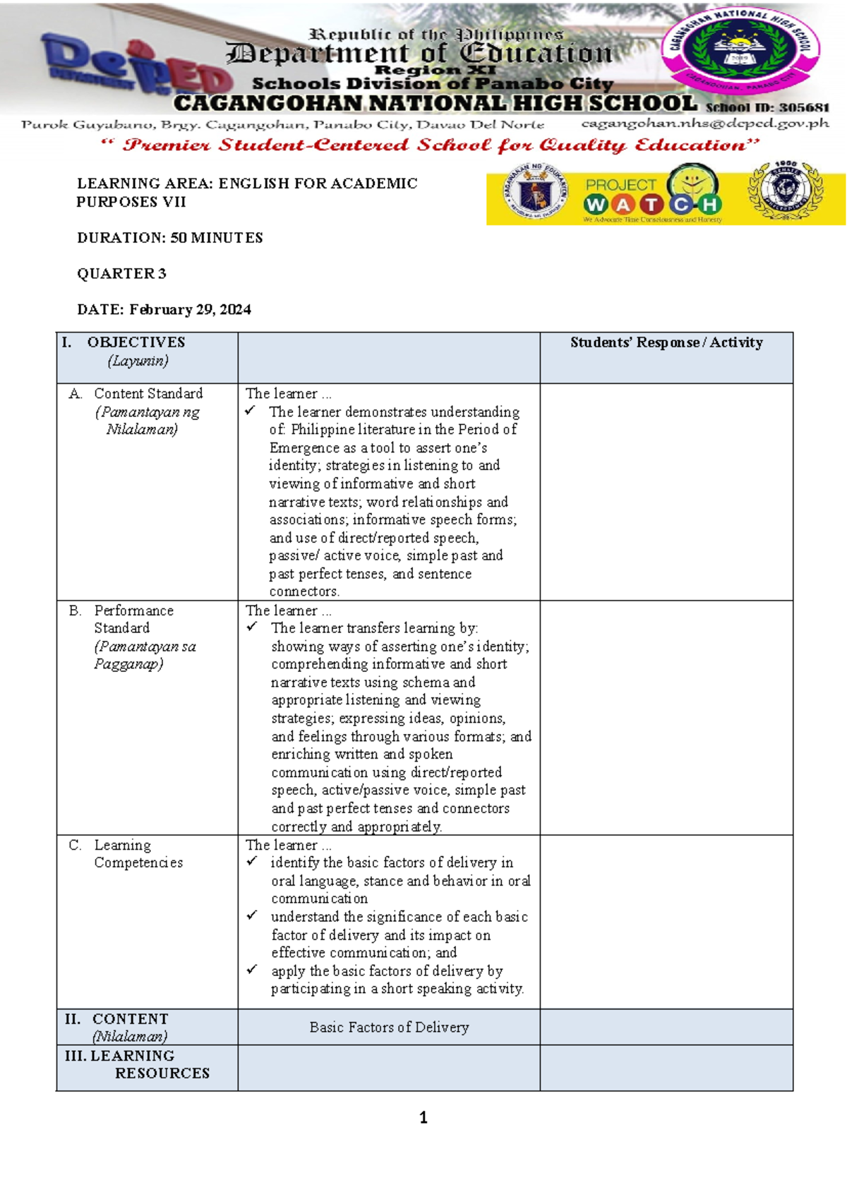 LP-in-ENG-Q3-W1 Day4 - LESSON PLAN - LEARNING AREA: ENGLISH FOR ACADEMIC PURPOSES VII DURATION ...