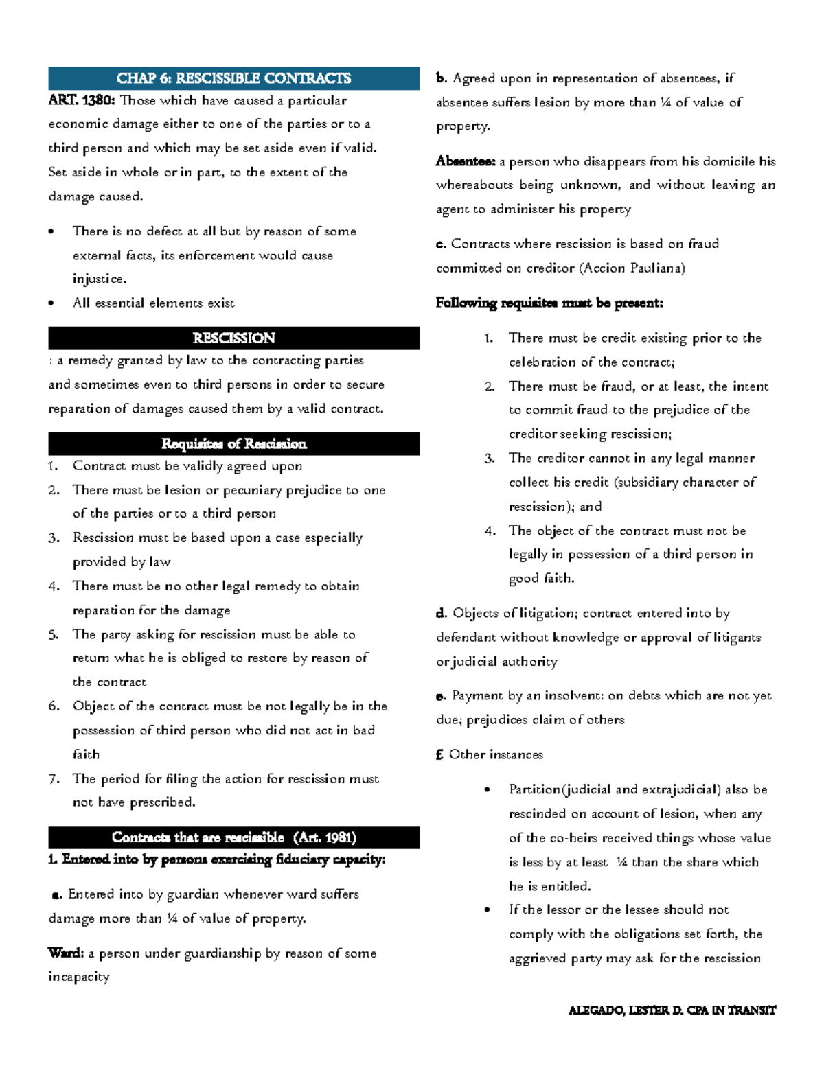 Chapter-6 - Lecture note - CHAP 6: RESCISSIBLE CONTRACTS ART. 1 380 ...
