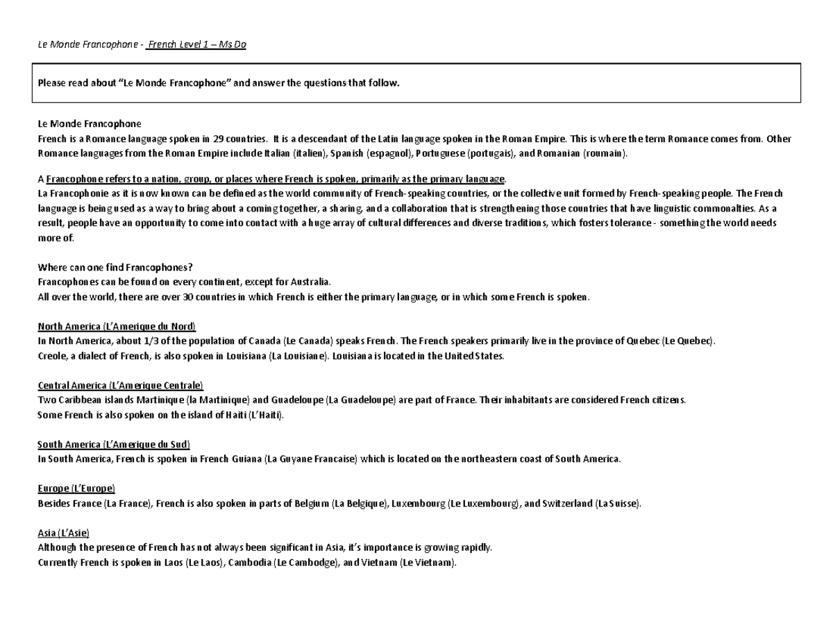 Finnley O'Donnell - Francophone Reading Sub Plan - Le Monde Francophone ...