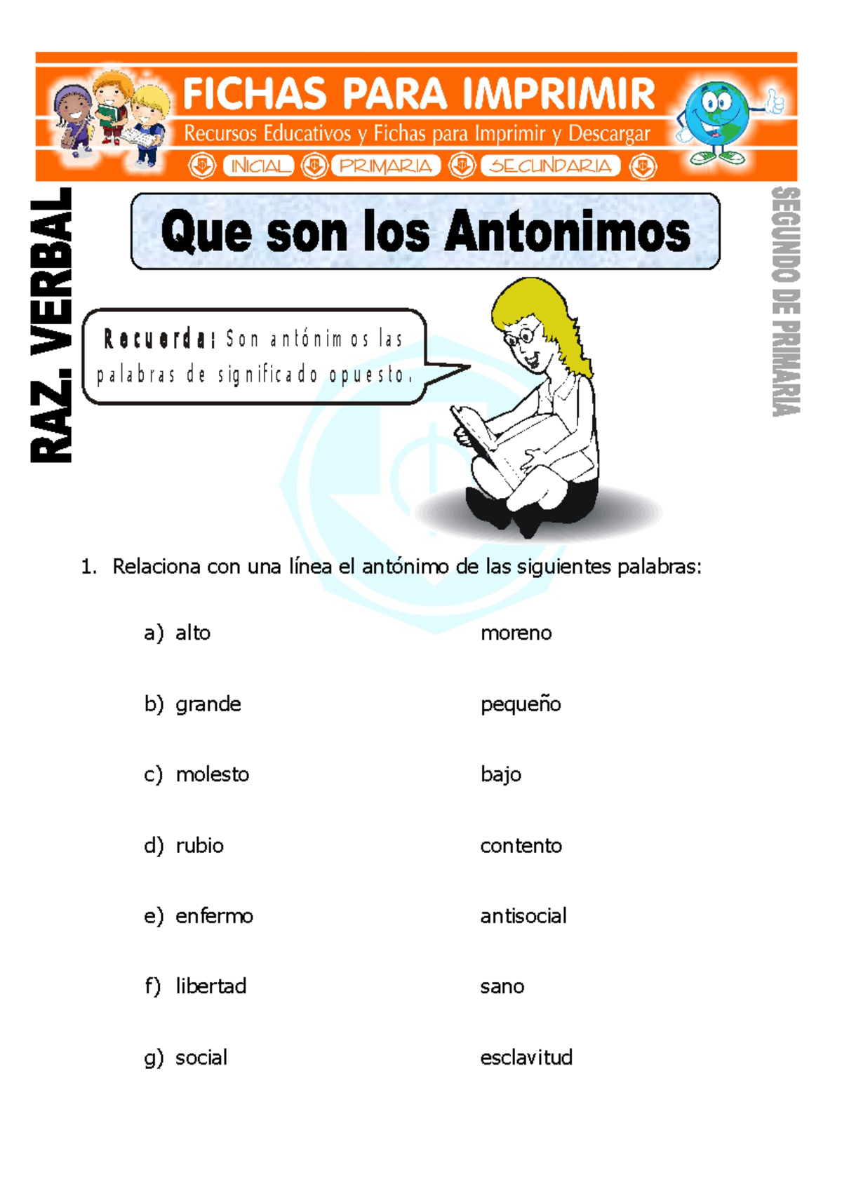Ficha de Que son los Antonimos para Segundo de Primaria - R e c u e r d ...